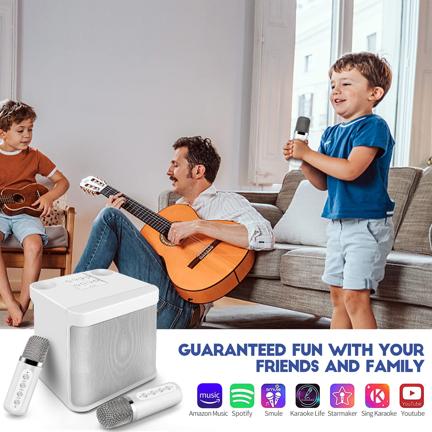 Karaoke Machine with 2 Wireless Microphone,Portable Bluetooth Speaker with HD Sound PA System Support Echo and Vocal Cut,USB,SD, AUX input for Party, Meeting, Wedding, Home and Outdoor (White)