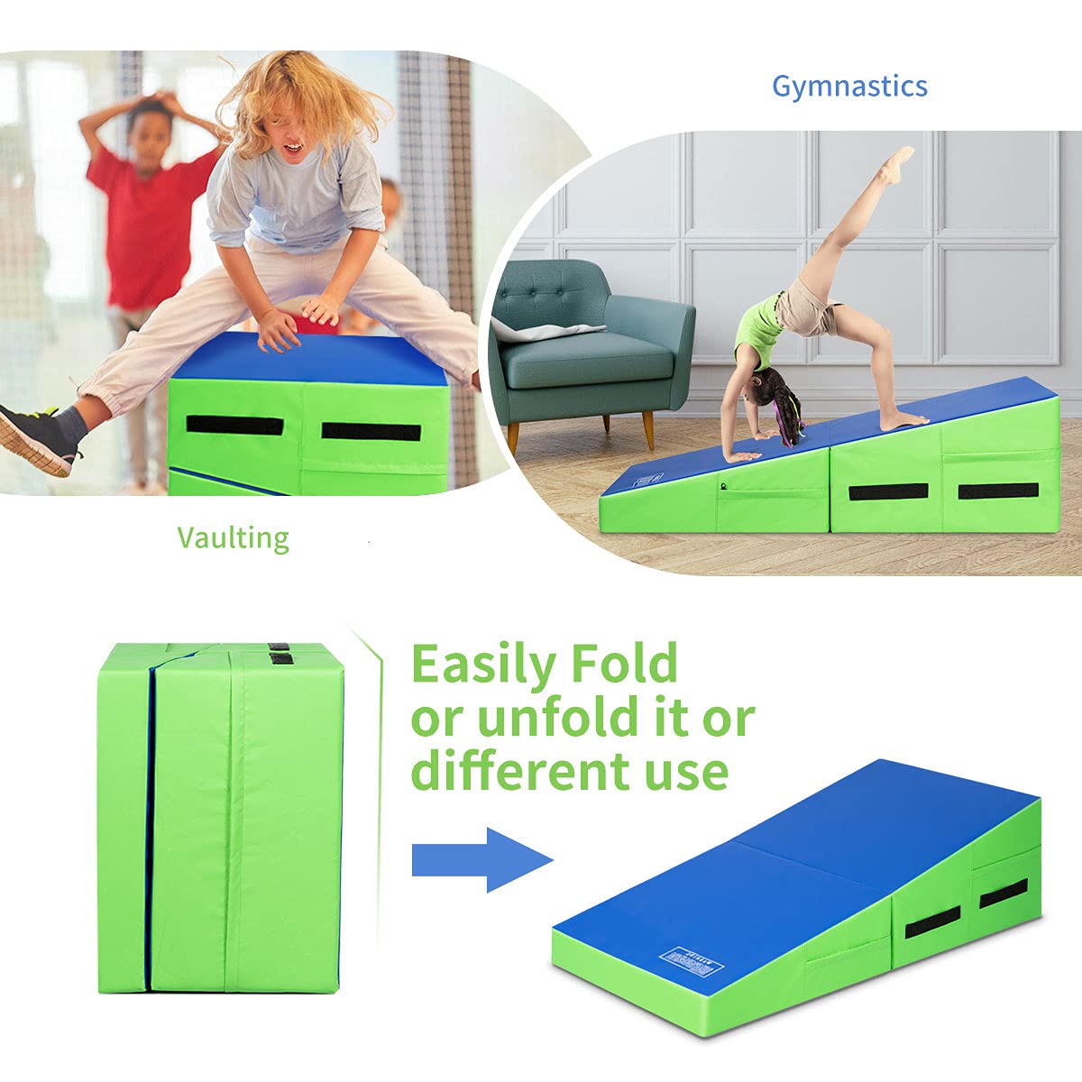 HUEFORA Wedge Shape Gymnastics Incline Mat Folding Fitness Tumbling Mat for Gymnastics Gym Tumbling, Practice & Exercise