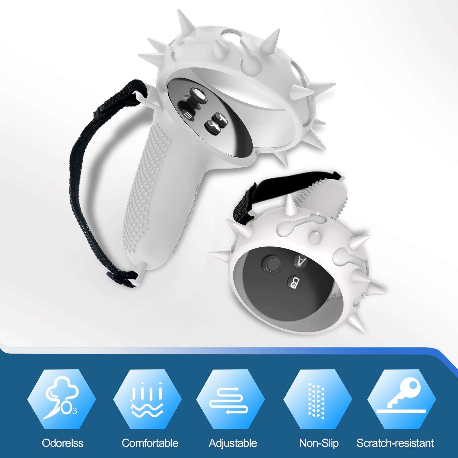 IWOWNFIT Touch Controller Grip Cover for Meta/Oculus Quest 2 Accessories, Silicone Protector with Anti-Throw Handle Protective Sleeve Adjustable Wrist Knuckle Straps Cone Spikes (White)