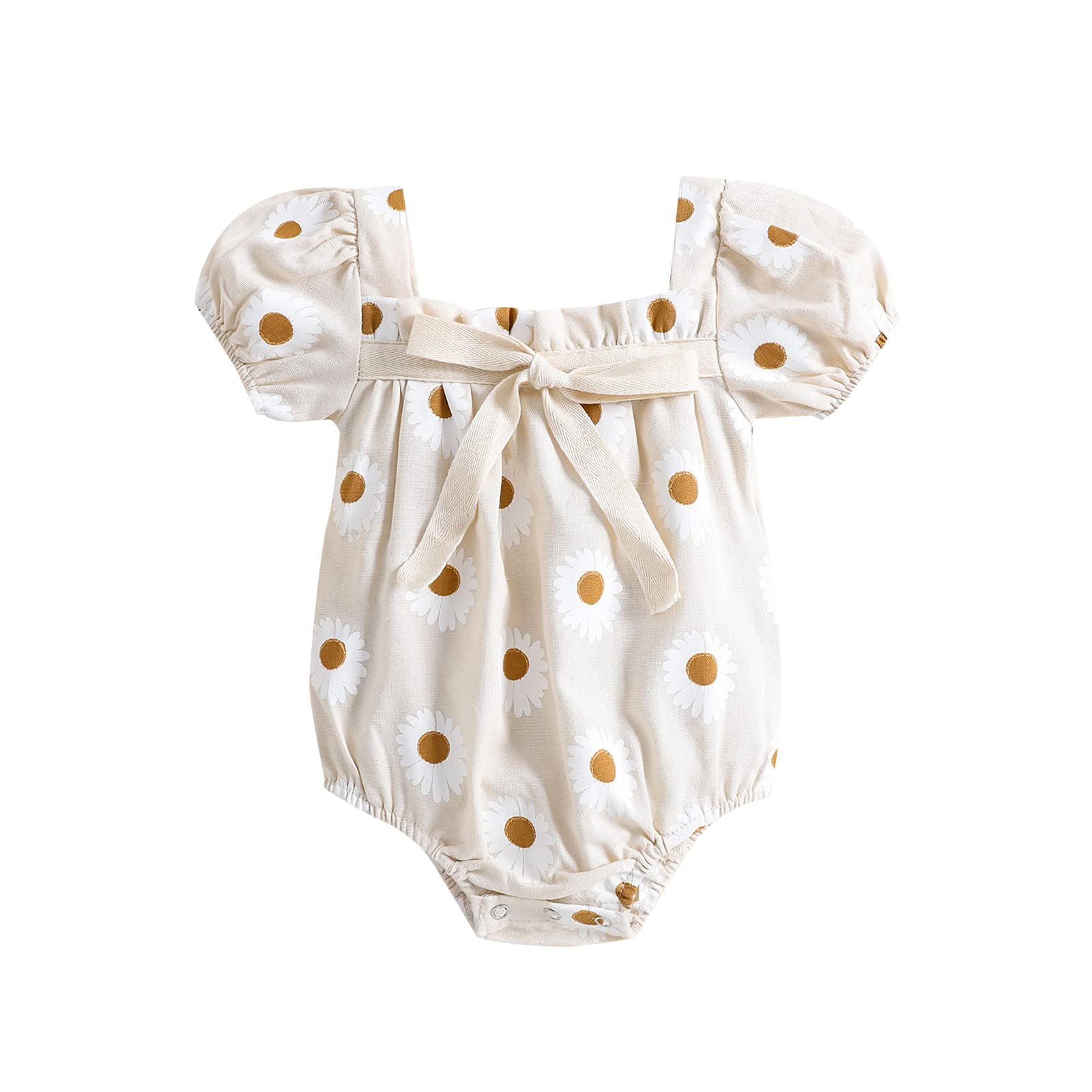 Newborn Baby Girl Romper Daisy Print Short Sleeve Bodysuit Jumpsuit Summer Clothes Beige