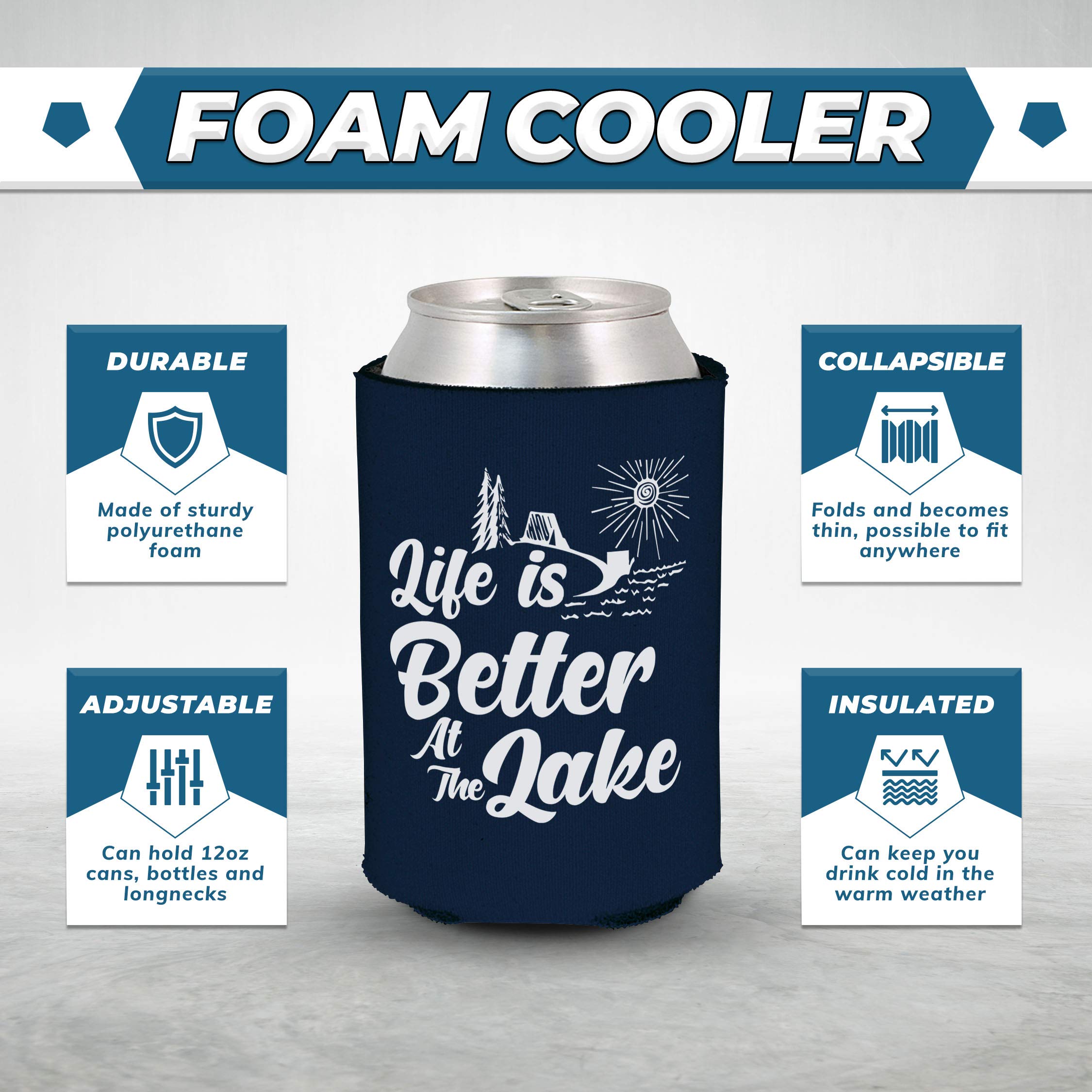 Life is Better At The Lake Can Coolie Can Sleeve Cooler Insulated Drink Coozies Soda Beer Hugger Coolies (Navy, 12 Pk)