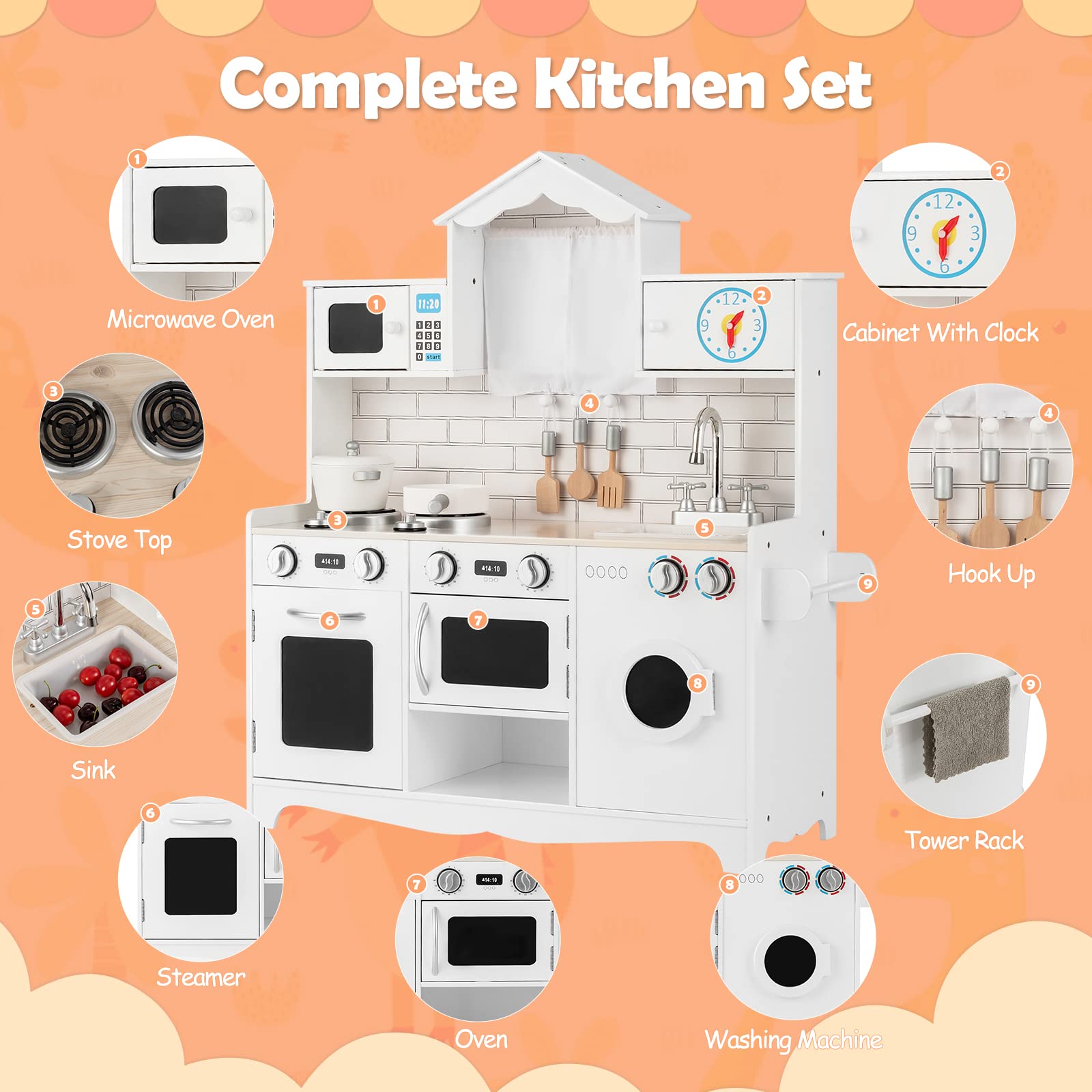 HONEY JOY Kids Kitchen Playset, 31 Inch Rooftop Wooden Play Kitchen for Toddlers, Microwave, Clock, Washing Machine, Cookware, Little Chef Pretend Play Toy Kitchen Set, Gift for Boys Girls, White