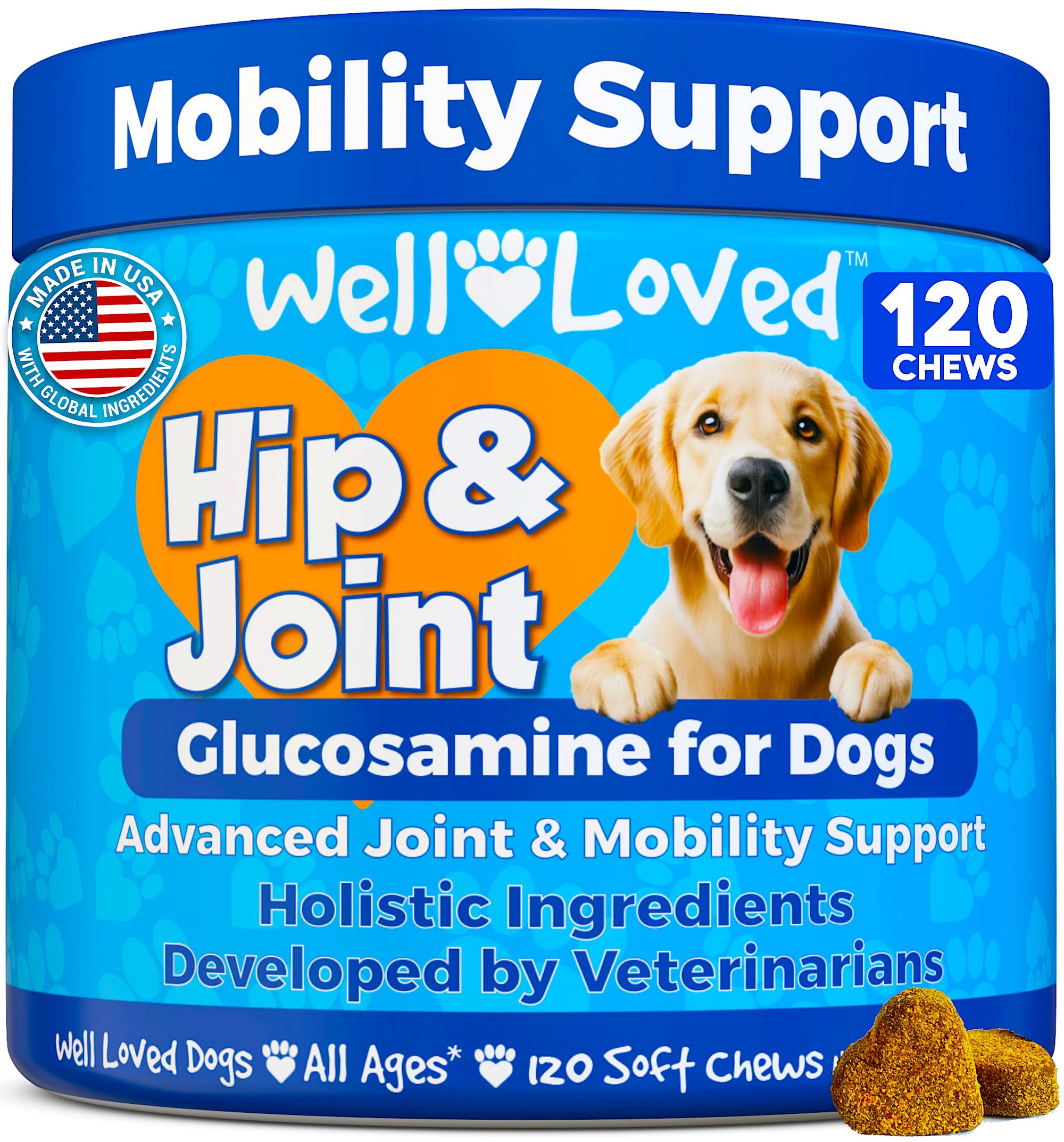 Well Loved Glucosamine for Dogs - Joint Supplement for Dogs, Made in USA, Vet Developed, Dog Joint Supplement, Glucosamine Chondroitin for Dogs, Advanced Hip and Joint Chews with MSM, Pain Relief, 120