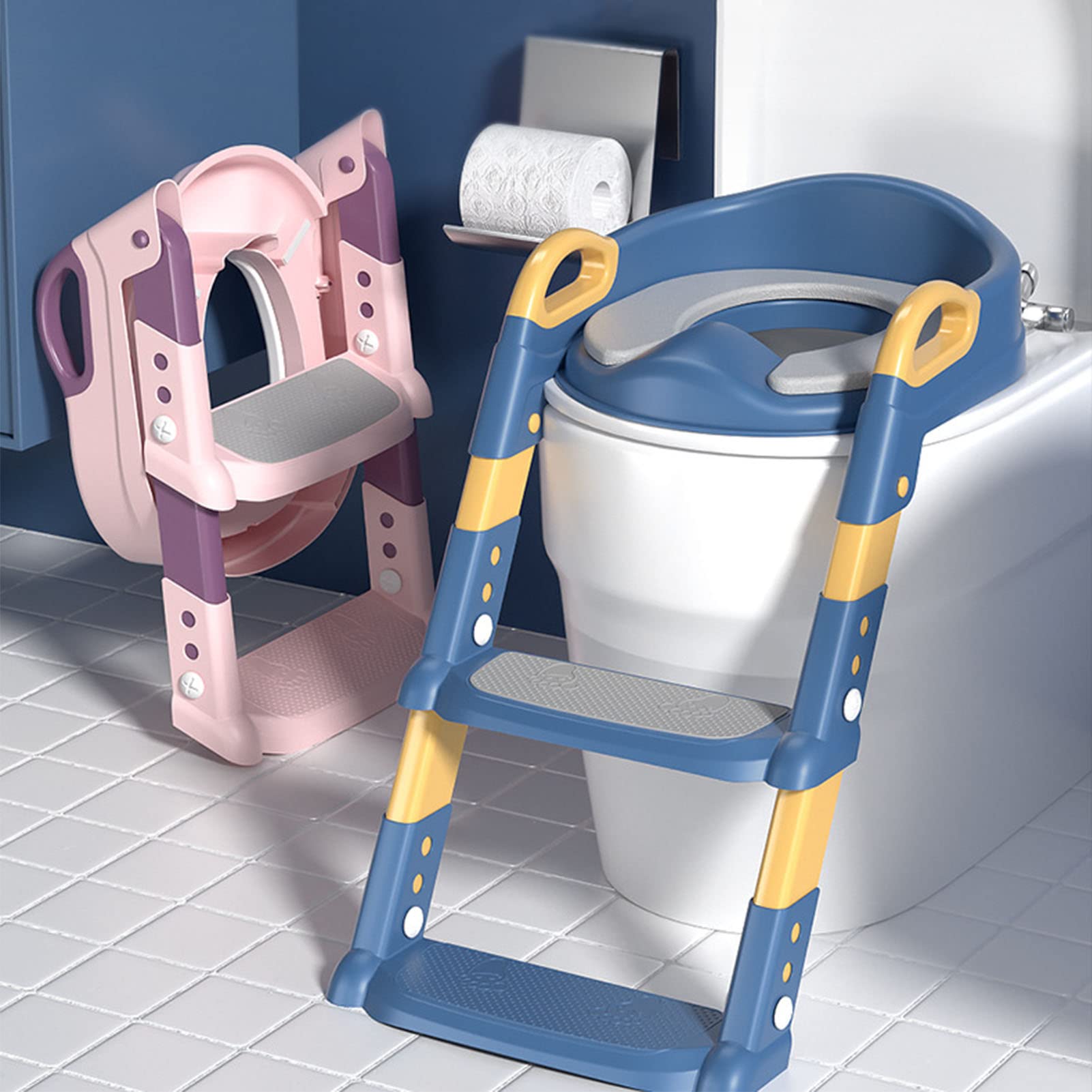 Kids Potty Training Toilet Seat, 2 Colors, Folding Step Stool Prevent Slipping Soft Silicone PU Baby Toilet Potty Seat (Yellow Blue)