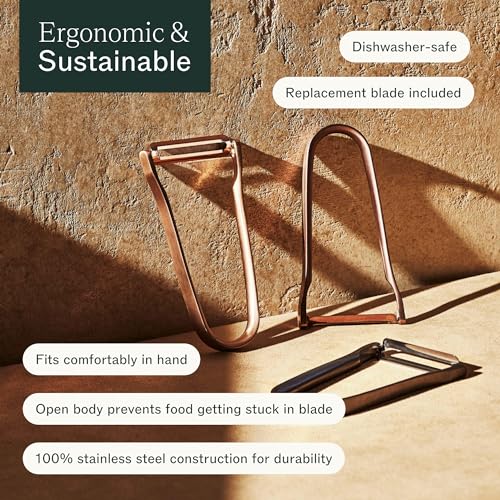 Material, The Forever Peeler Stainless Steel Vegetable Peeler, U-Shaped Swivel Design & Replacement Blade, Dishwasher-Safe, Golden