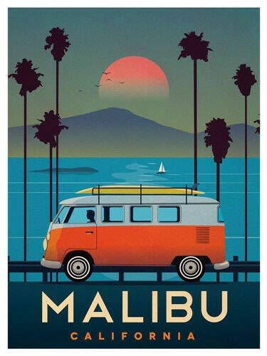 Magnet 3x4 inch Vintage Art Malibu VW Bus Sticker - surf California ca Old Beach Travel Magnetic Magnet Vinyl Sticker