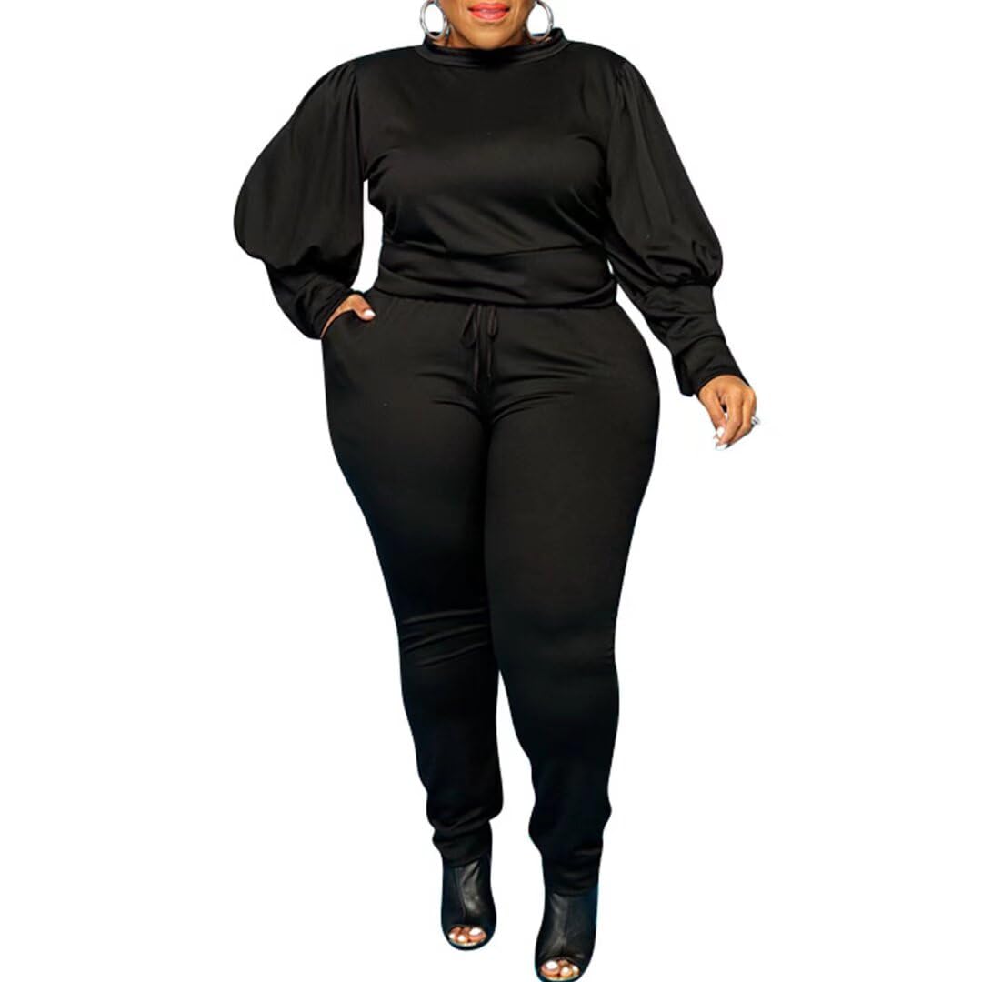 IyMoo Women Plus Size Solid 2 Piece Outfits Crew Neck Top and High Waist Pants Sport Jumpsuits Sweatsuit Set Black 3X