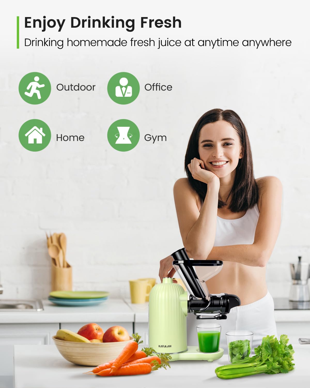 Katulan Compact Slow Juicer, Cold Press Juicer Machines with Auto-adjustable Speed for Nutrient & Vitamin Dense Fruits and Vegetables, Easy Clean Masticating Juicer with Reverse Function