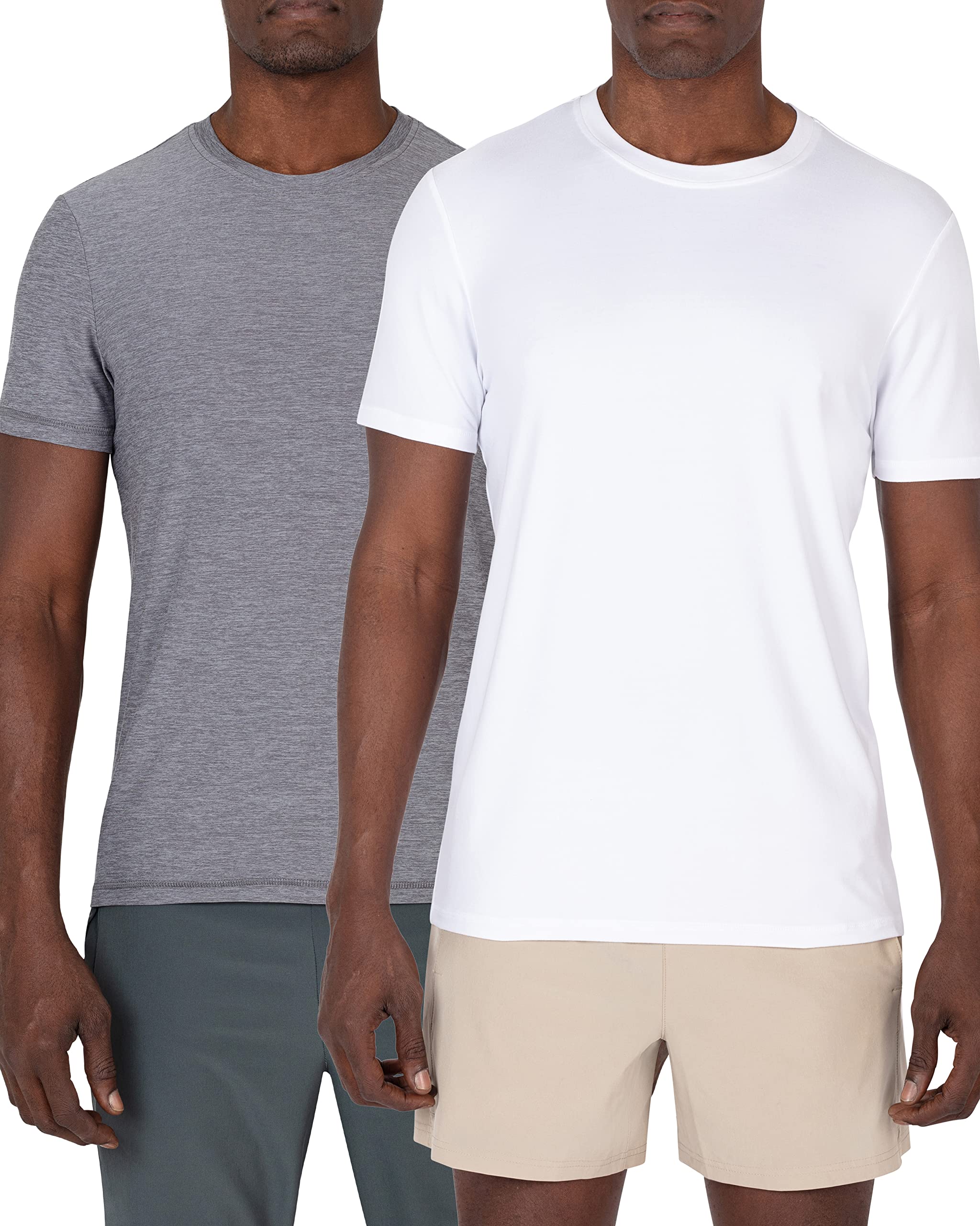 Layer 8 2 Pack Mens Workout Shirts- Dry-Fit Moisture Wicking Tech Athletic Performance Running Gym Crew Neck Tshirts for men (Med. Grey Heather/White Solid, Medium)