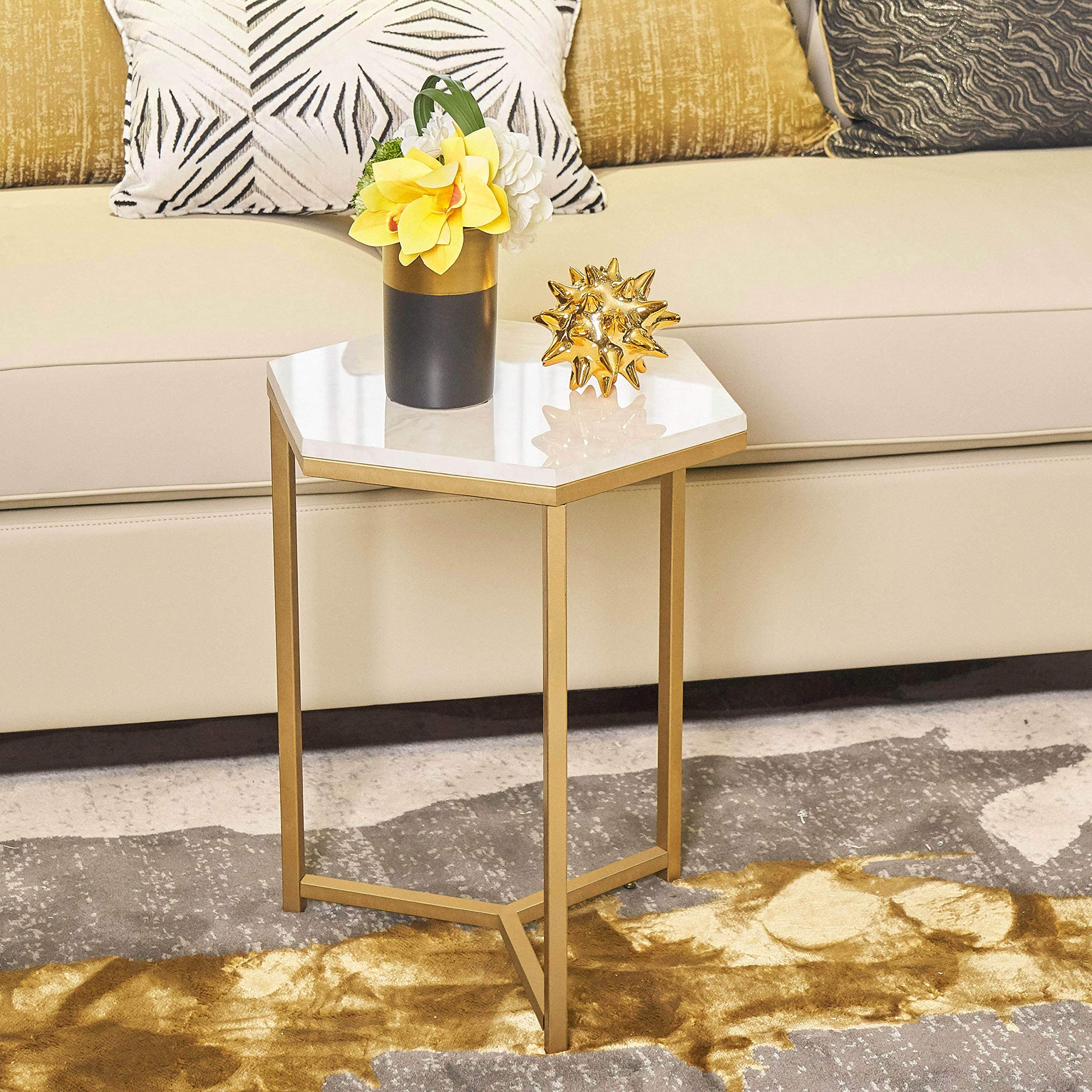 HAWOO Hexagon Gold Accent Side End Table with Faux Marble Top for Living Room, White Nightstand for Home Office Small Space, 16''D x 20" H