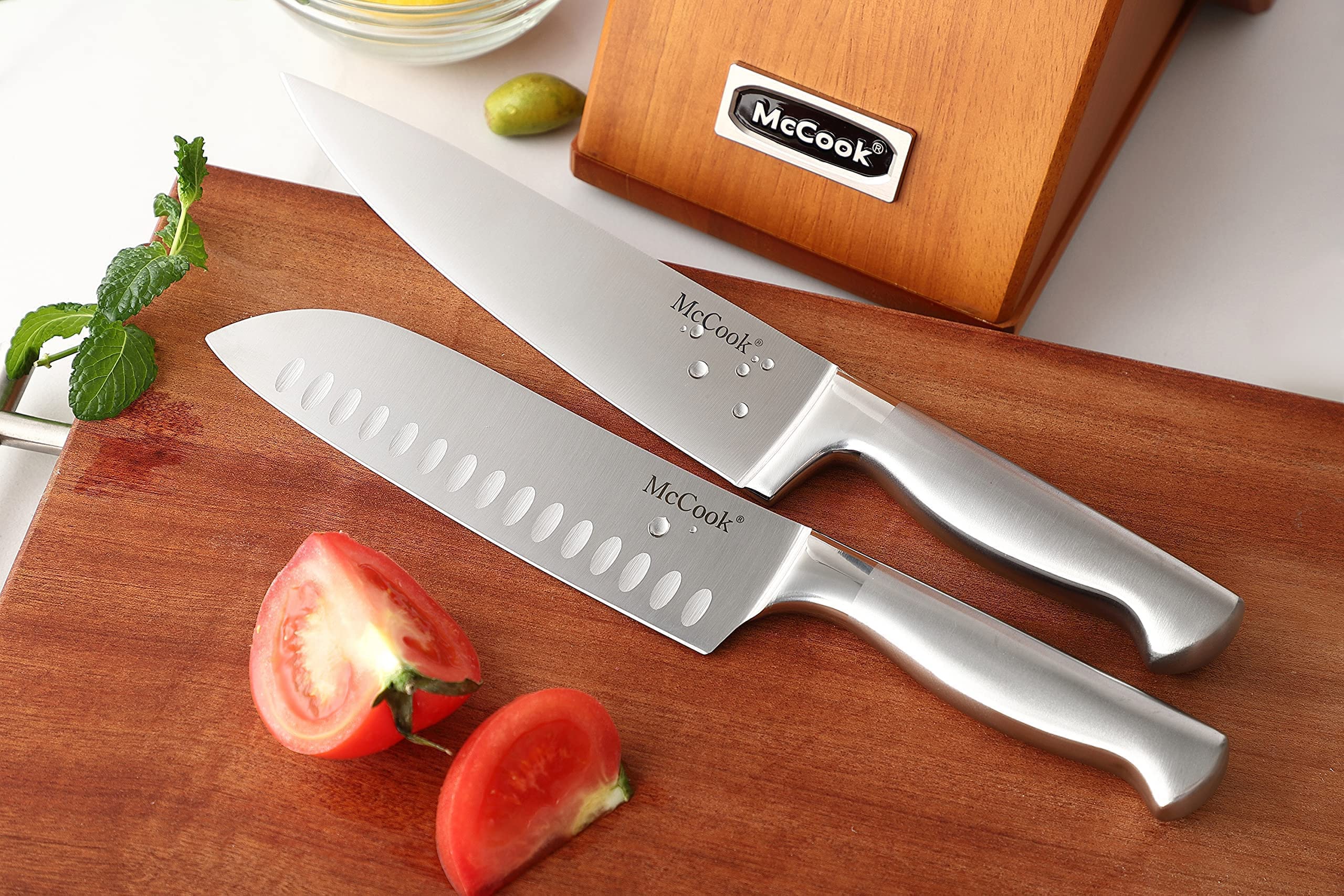 MC69 20 Pieces German Knives Block Set with Built-in Sharpener + MCW12 Bamboo Cutting Board(Large, 17"x12"x1")