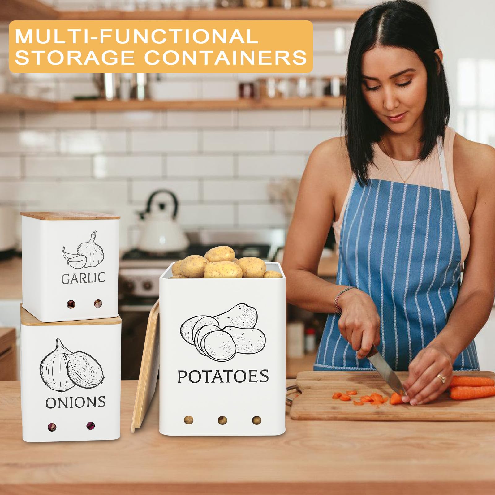 Moondust Wj 3 Pack Vegetable Storage Tins,Potatoes Storage,Metal Onion and Potato Storage Bins,Kitchen Potato and Onion Storage Bin,Onion Storage Containers with Aerating Holes and Wooden Lid.