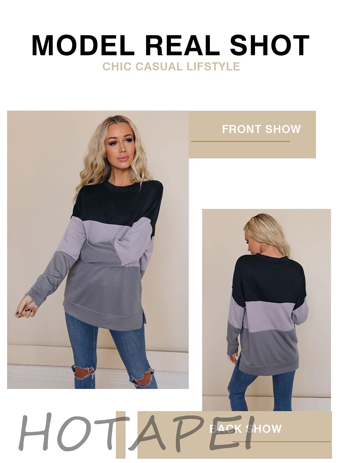 HOTAPEI Womens Fashion Lightweight Color Block Patchwork Sweatshirts Round Neck Long Sleeve Loose Pullover Tops Black Medium 8 10