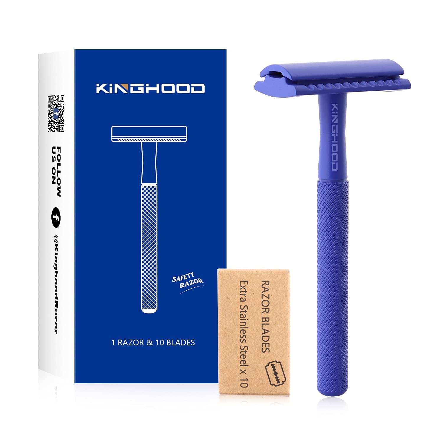 Package of Kinghood Double Edge Safty Razor & Razor Stand For Men And Women(10 Blades,Dark Blue)