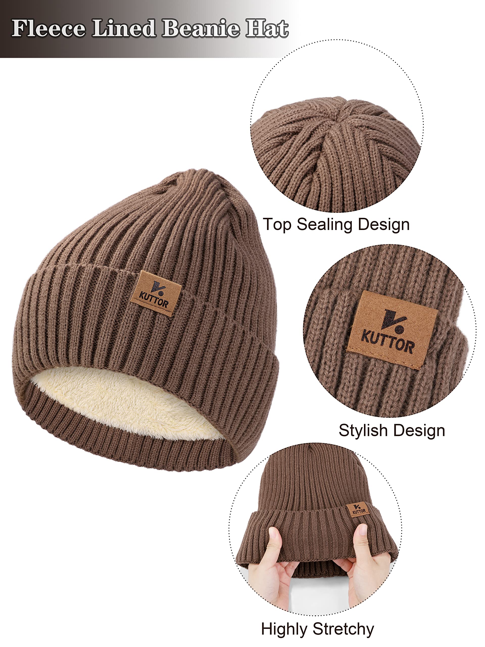 KUTTOR 2 Pack Unisex Knit Beanie Hat Winter Skull Knitted Cuff Cap Roll-up Edge Cuffed Plain Hat for Men Women Black, Khaki