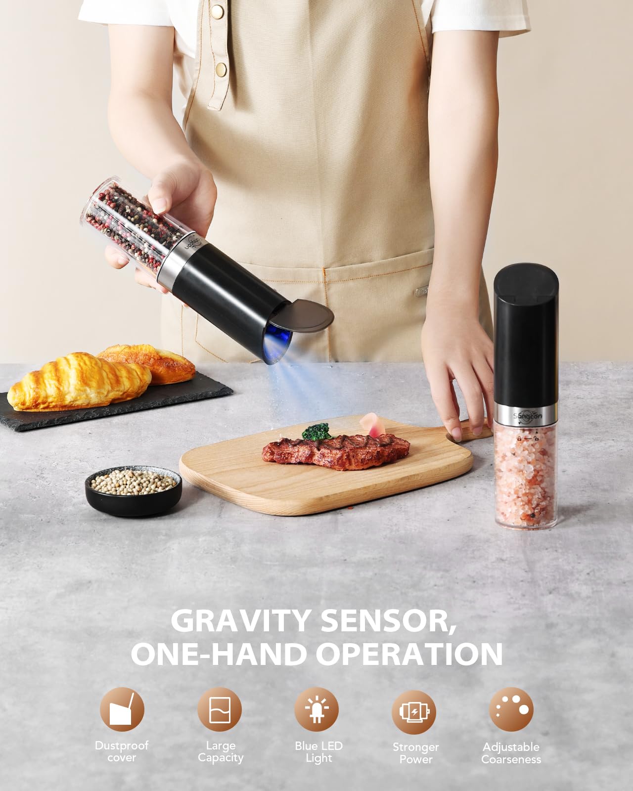 Sangcon Gravity Electric Salt and Pepper Grinder Set, Battery Salt and Pepper Mill Set with Dust Cover, 8 Oz Large Capacity Automatic Pepper Shaker with Light,Adjustable Coarseness, 2 Pack (Black)