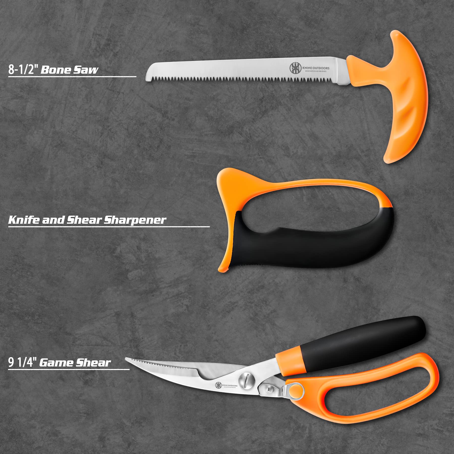 KNINE OUTDOORS 2022 Hunting Deer Knife Set Yellow Handle Field Dressing Kit Portable Butcher Game Processor Set, 12 Pieces, Yellow Green Case