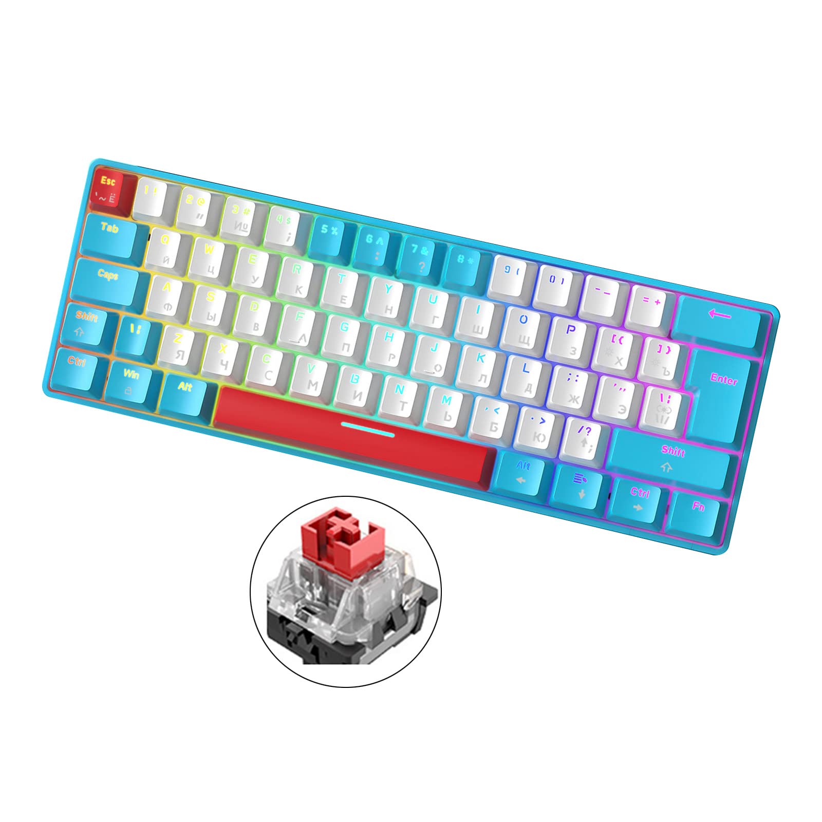 Russian Wired Mechanical Gaming with Rainbow Backlit 62Key NKRO Ergonomics Keyboards for PC/Win Gamer red Blue Switch