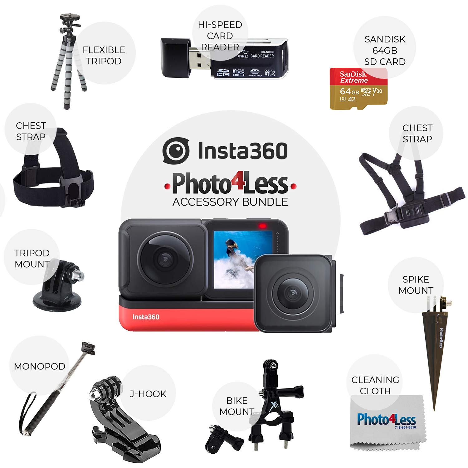Insta360 ONE R Twin Edition (360 Camera + 4K Wide Angle) + SanDisk 64GB SD Card + Monopod + Chest Strap + Head Strap + Bike Mount - Top Accessory Bundle