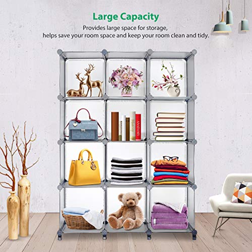 TomCare Cube Storage Organizer 12-Cube Closet Storage Shelves Cube Organizer Cube Shelf Storage Cubes Plastic Bookshelf Bookcase DIY Square Closet Cabinet Organizers Shelves for Bedroom Office, Grey