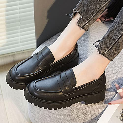 Leisure Women Artificial Leather Solid Color Autumn Thick Sole Square Heels Slip On Short Booties Prom Tennis Shoes Black