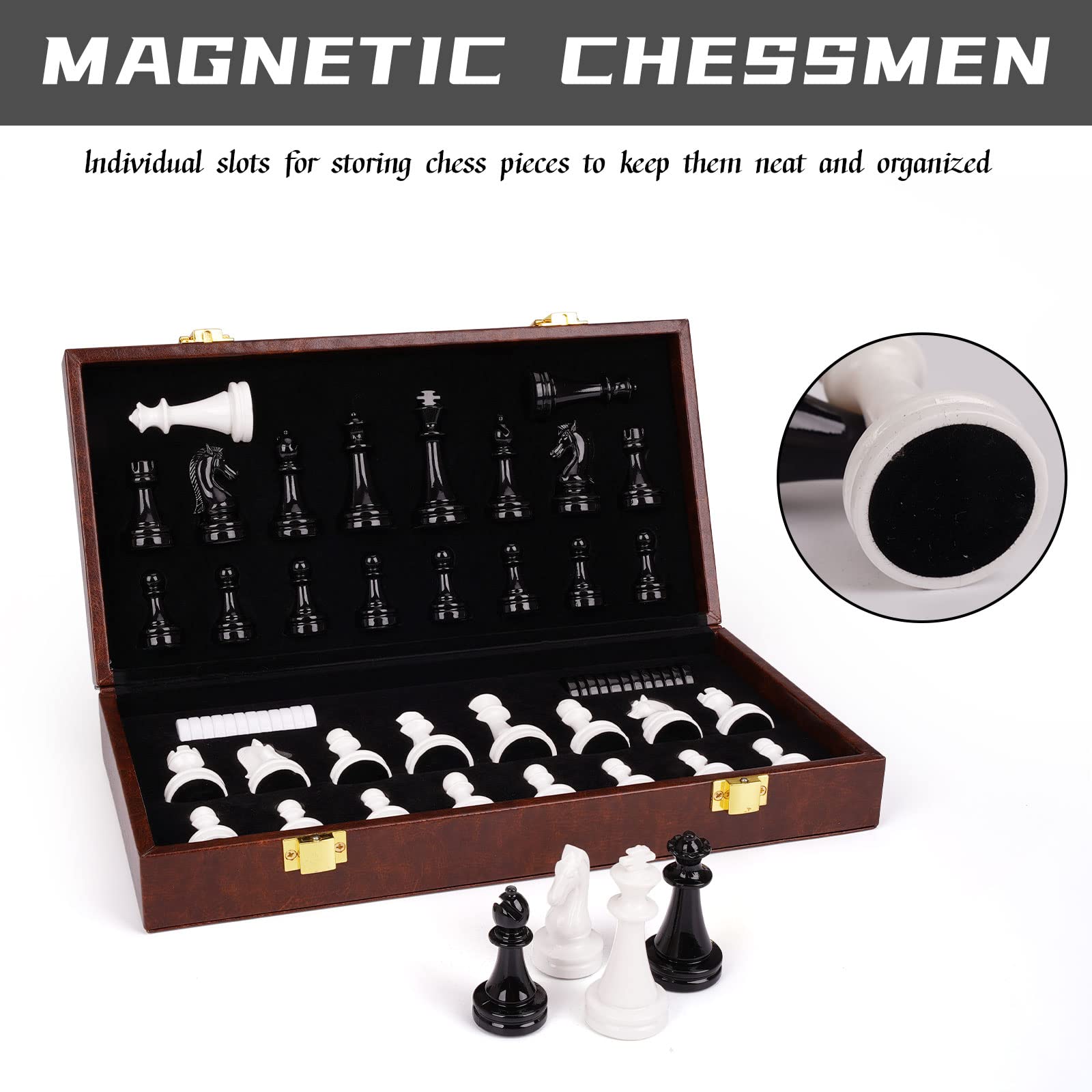 Magnetic Chess Set Checkers Game Set for Adults Kids (2 in 1) -12" Magnetic Chess Pieces & Portable Folding Leather Chess Board Travel Chess Sets Board Game – 24 Cherkers Pieces with Storage Box