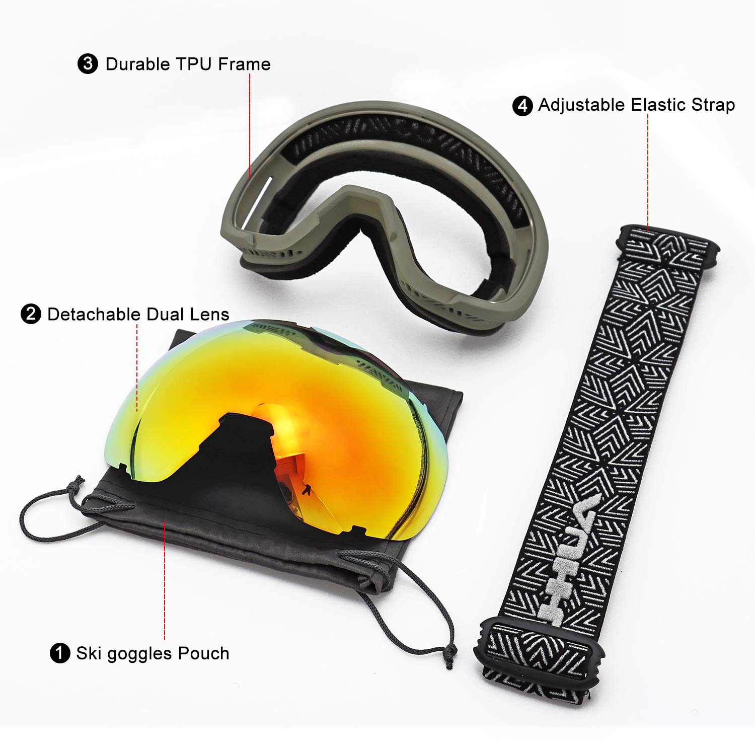 JHUA Ski Goggles OTG 100% UV400 Protection Snowboard Goggles for Men Women Teens