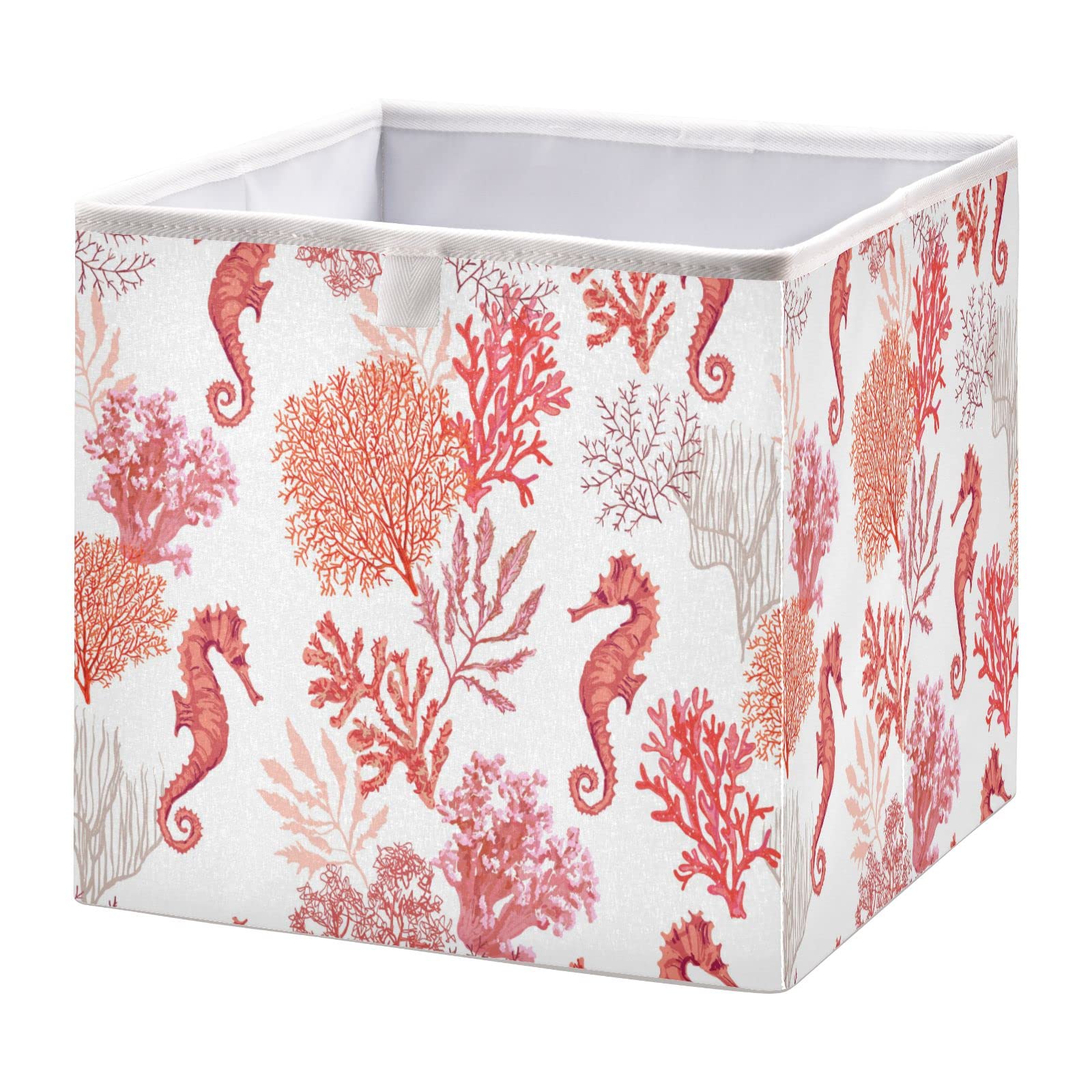 Kigai Coral Seahorse Storage Bins Cube Foldable Storage Baskets Bin Waterproof Home Organizer with Handles Basket for Toy Nursery Blanket Clothes, 11x11x11 Inch