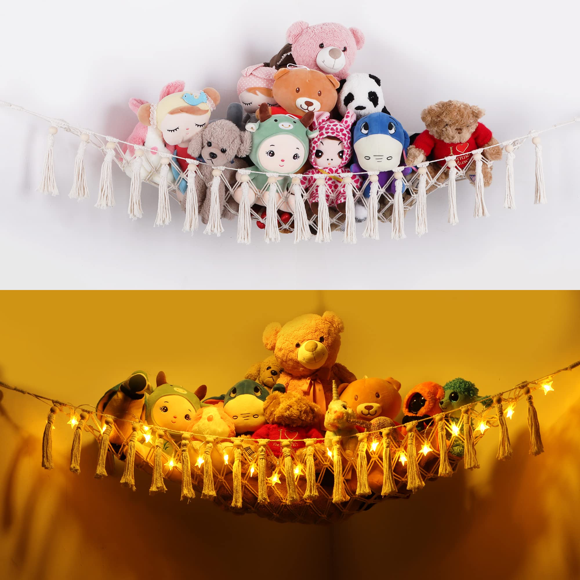 Moosky Stuffed Animal Net or Hammock with LED Light Toy Organizer Macrame Toy Hammock Stuff Animal Storage Corner Hanging Net Holder with Tassel & Hooks Boho Decor for Nursery Kids Room (Beige)