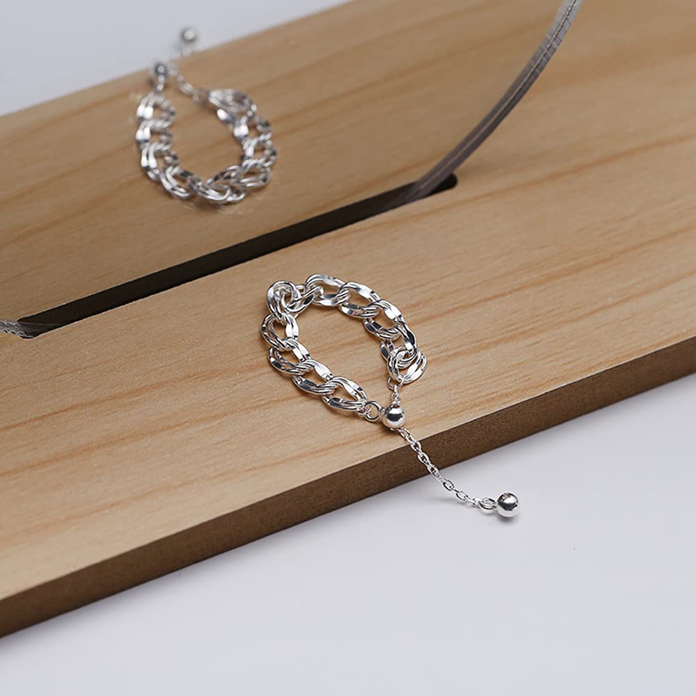 Izpack Unique Link Chain Knuckle Stacking Rings S925 Sterling Silver Adjustable with Dangling Ball Minimalist Finger Statement Ring Eternity Promise Band Cute Jewelry Gifts Bithday