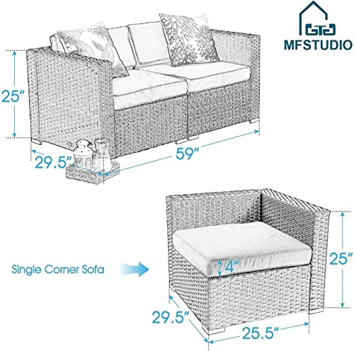 MFSTUDIO 2 Pieces Patio Furniture Set,Outdoor Rattan Sectional Sofa Set,Small Patio Conversation Set with Navy Blue Cushions