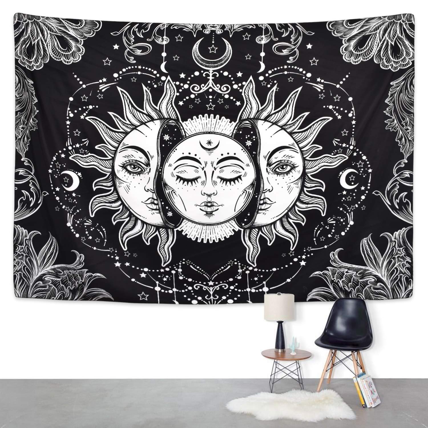 Huigatnn Pressy Sun and Moon Tapestry Burning Sun with Star Tapestry Psychedelic Tapestry Black and White Hippie