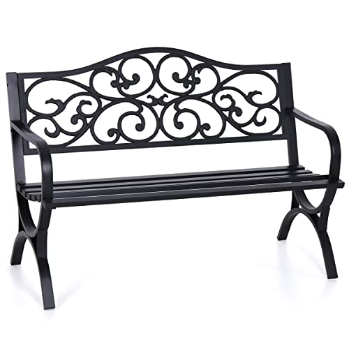 MFSTUDIO 50 Inches Outdoor Garden Bench,Cast Iron Metal Frame Patio Park Bench with Floral Pattern Backrest,Arch Legs for Porch,Lawn,Garden,Yard(Black)