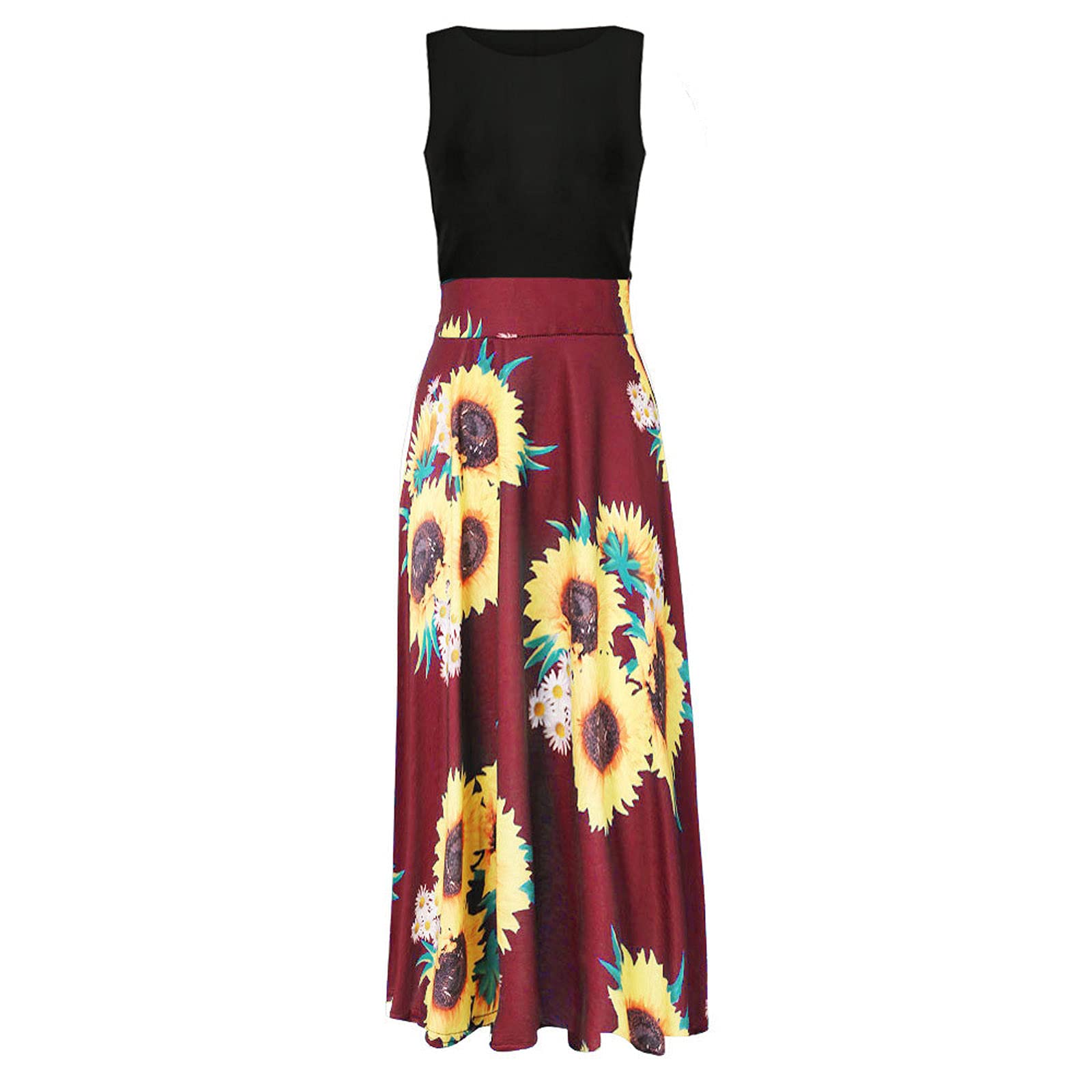 Keepfit Women Sunflower Printing Cami Long Dress Patchwork Pattern Printing Sleeveless Pleated High Waisted Dress