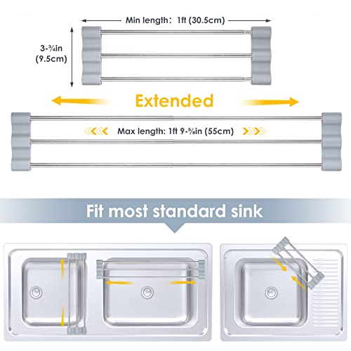 Tomorotec Rack for Sponge Dish Rags Bottles Brushes Kitchen Sink Accessories Over the Sink Adjustable Dishcloth Holder Heat-Resistant Sink Rack Multifunctional Stainless-Steel Silicone Slim Expandable