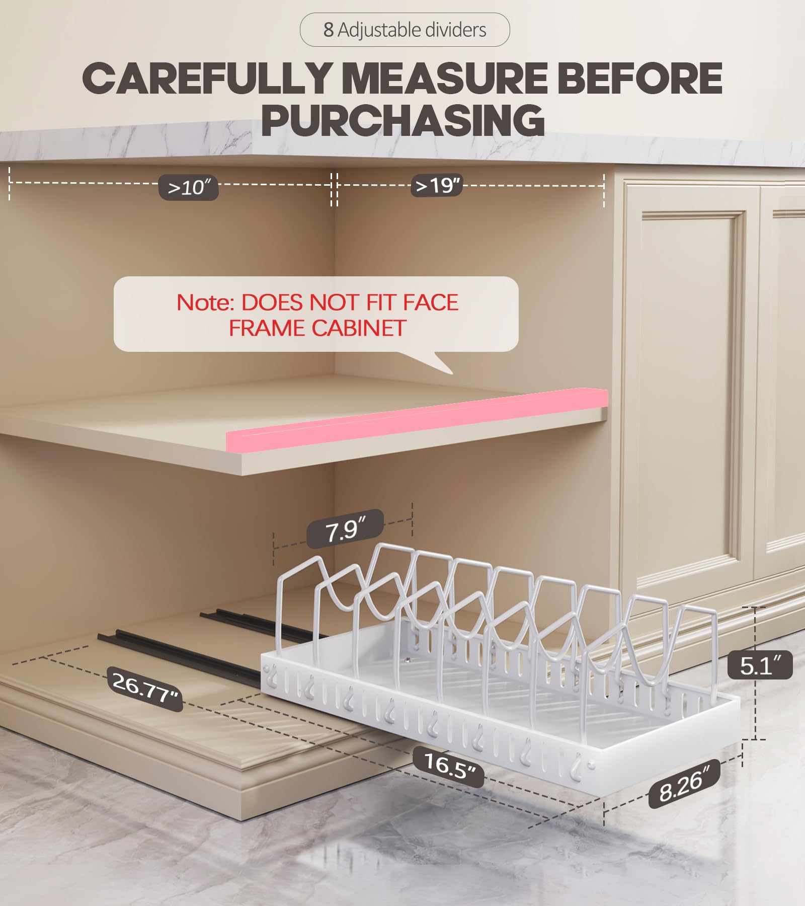 Pull Out Pots and Pans Organizer Under Cabinet, Sliding Lid Holder and Pan Rack in Kitchen, Slide Out inside Cabinet Storage for Pot Lid, Bakeware, Dishes, 8 Adjustable Dividers, 2 Pack White