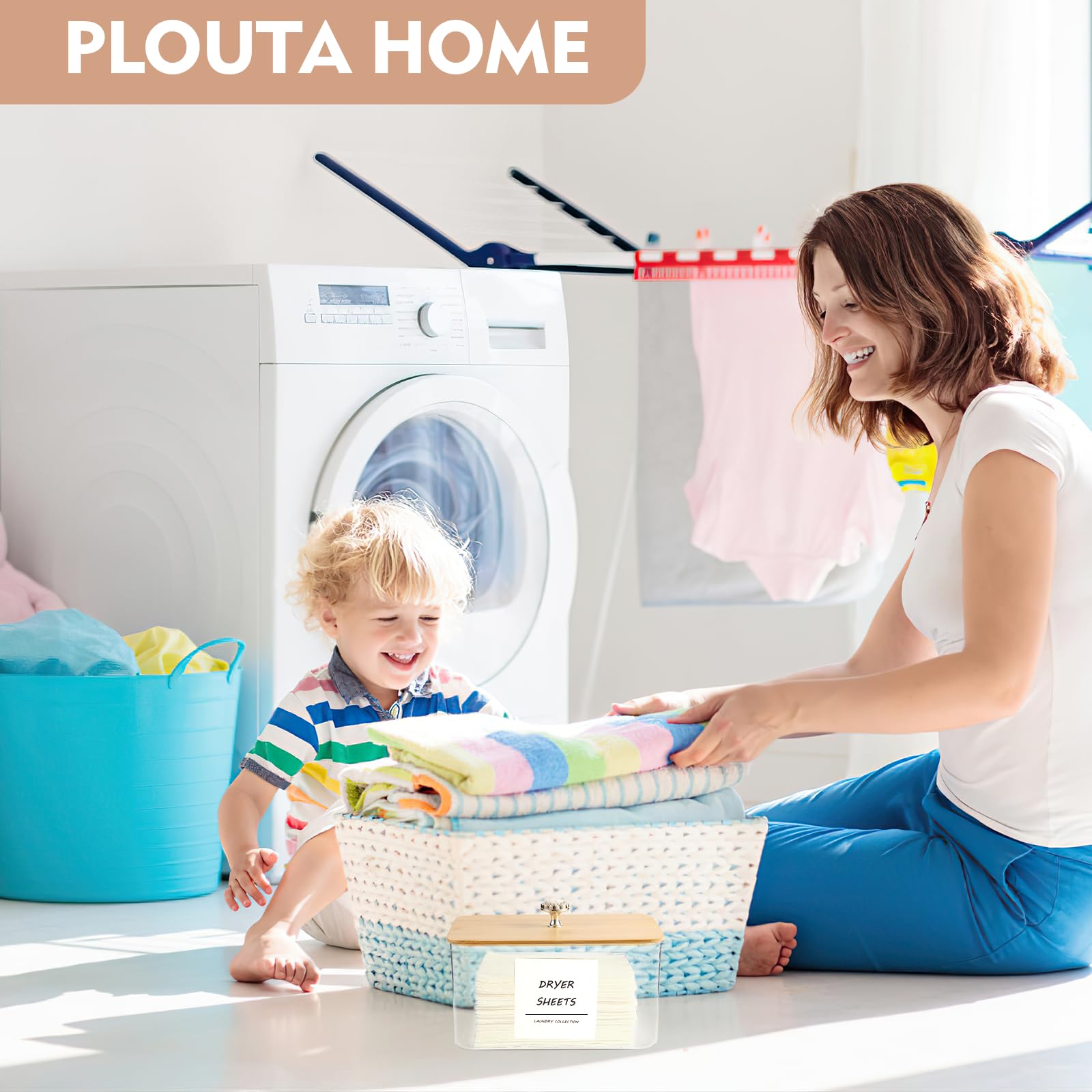 PLOUTA HOME Laundry Room Organization Storage Containers, Plastic Clear Laundry Pods Container & Dryer Sheet Holder Jars with Lids, Scoops & Labels for Detergent, Powder, Dryer Balls, Beads