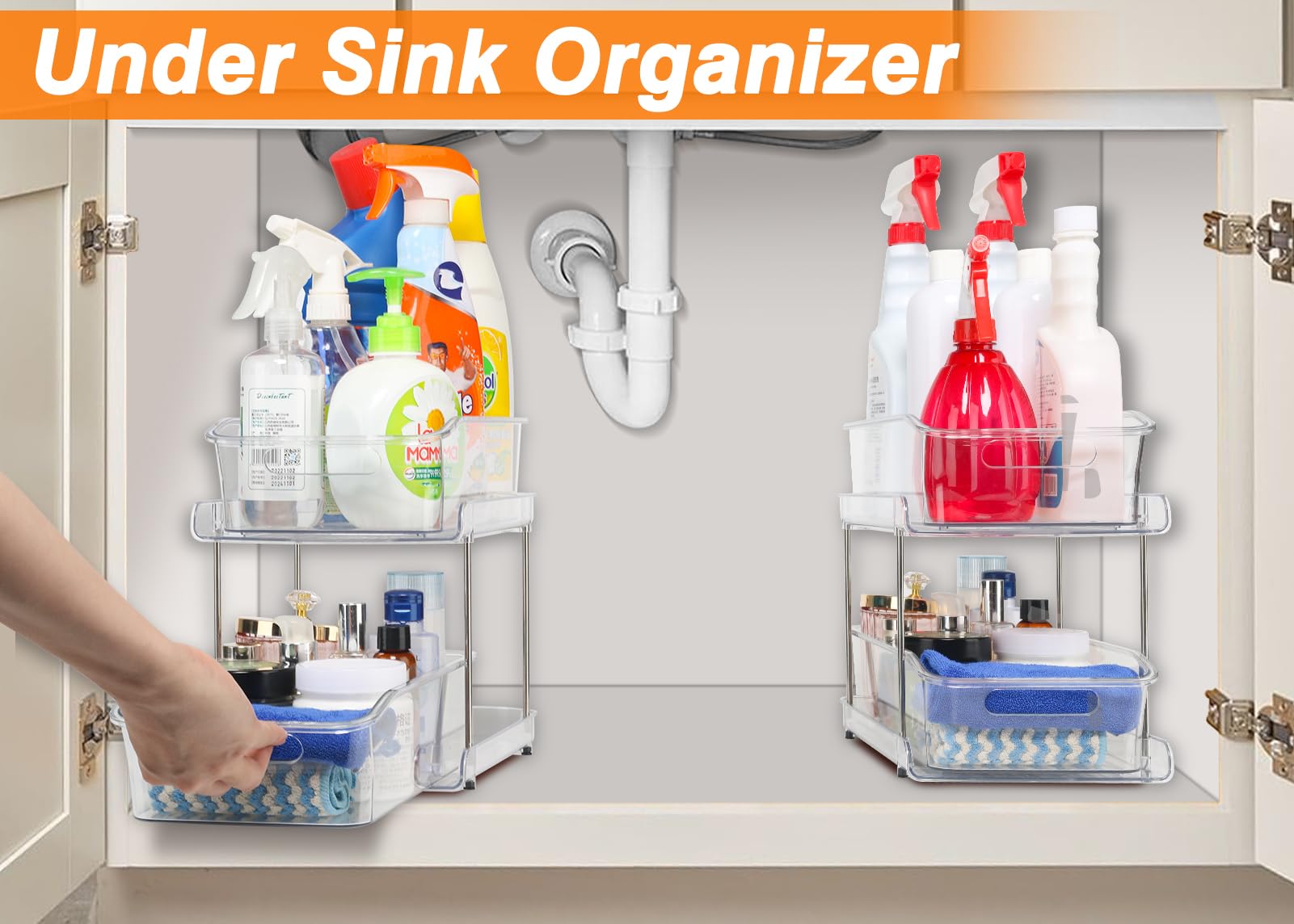 JUPELI Clear Bathroom Organizer, 2 Tier Pull Out Kitchen Closet Undersink Organization and Storage Bins, Convenient and Durable Cabinet Organizer for Snack Spice Jar Medicine and Cosmetics, 2pack