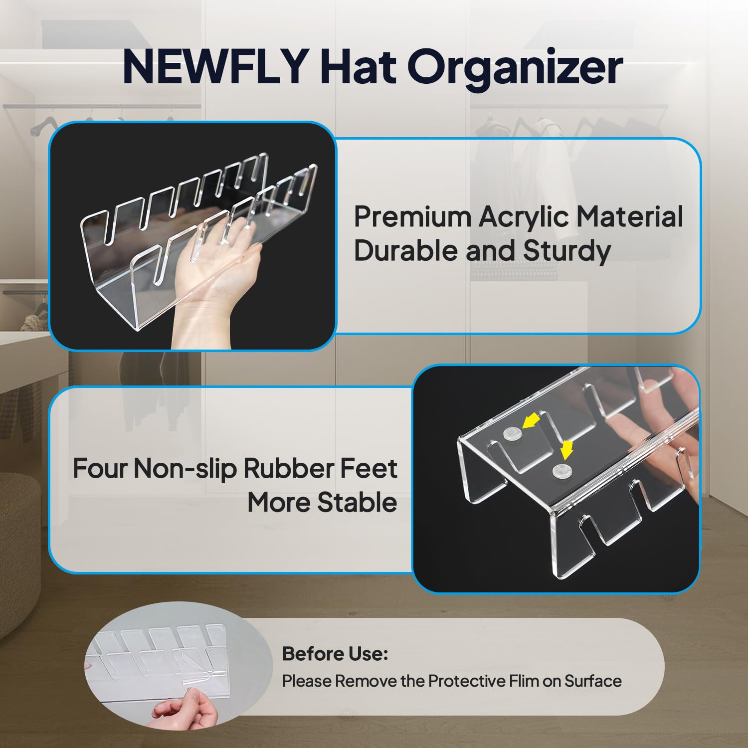 NEWFLY Hat Stand for Baseball Caps, 2 PCS Acrylic Hat Organizer for 14 Caps, No Install Baseball Hat Rack Hat Storage Holder, Hat Oragnizer Shelf Display for Closet Bedroom Dresser(Clear)