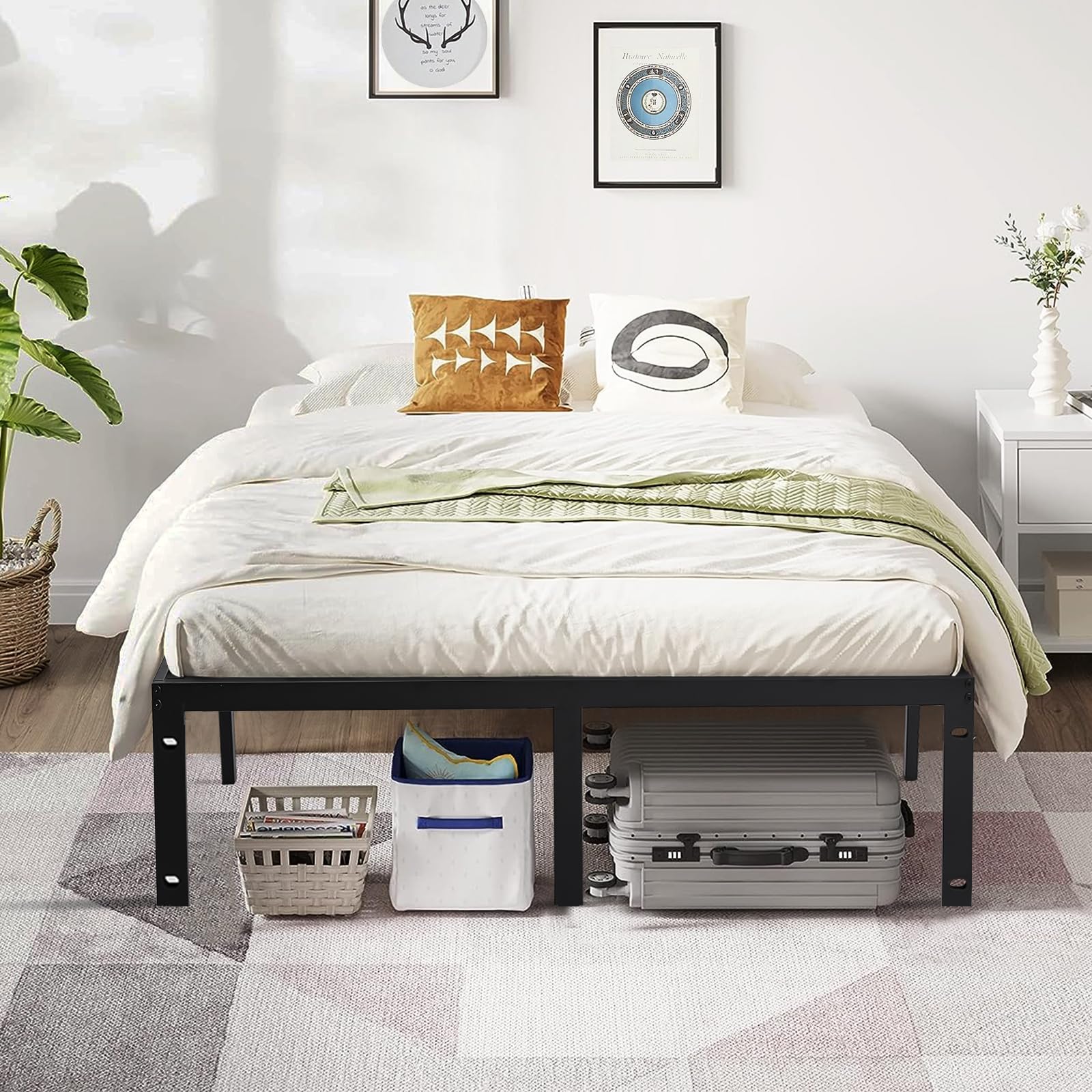 HFFTOO Metal Platform Bed with 9 Leg Base Queen Size Bed Frame with Ten Strong Metal Slats Support Black 79x59x14 Inch Black