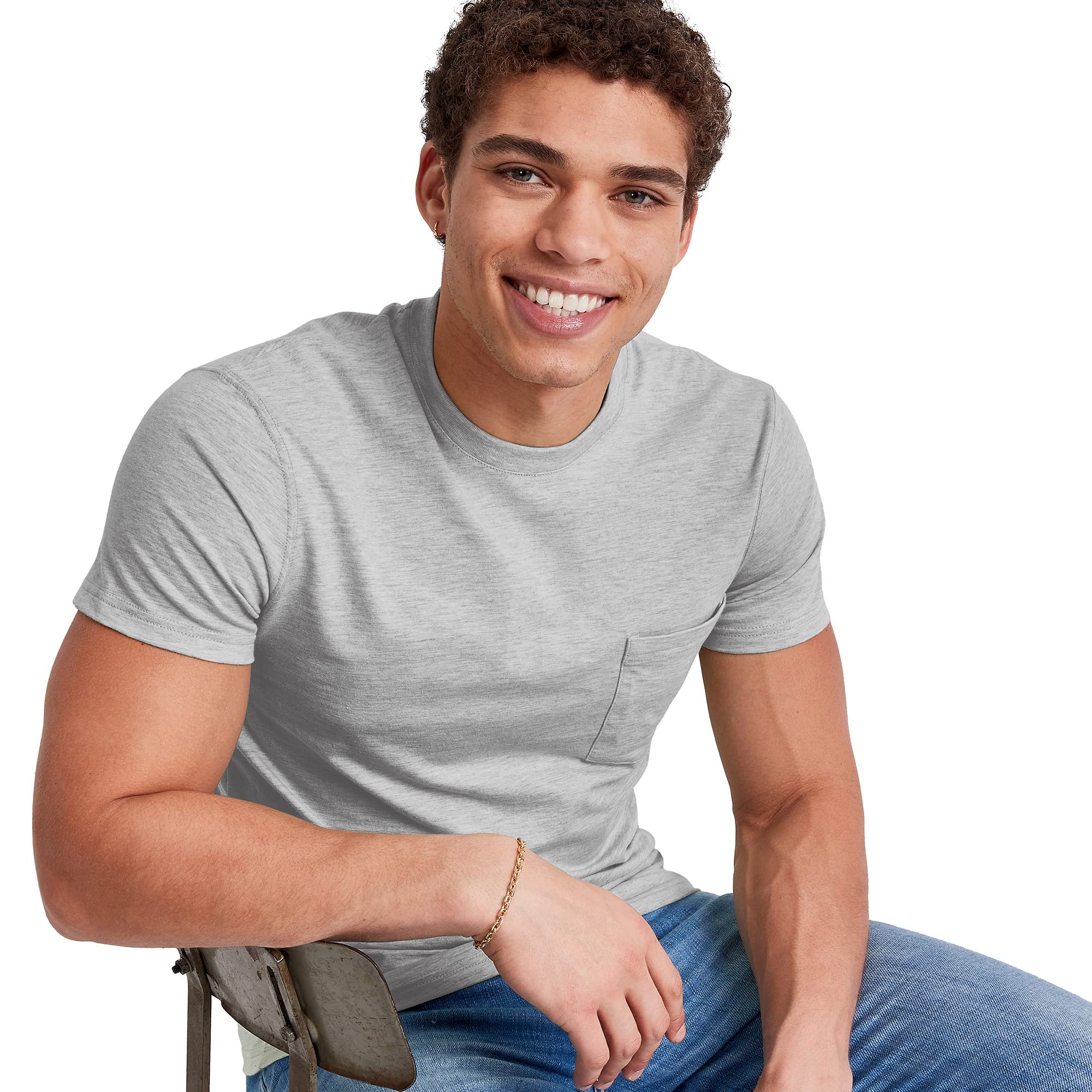 Hanes Originals Crewneck T-Shirt, 100% Cotton Pocket Tees for Men, Light Steel