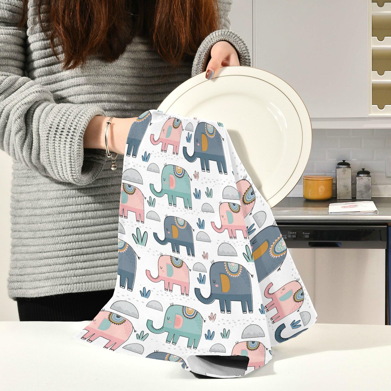 Kigai Elephant Kitchen Towels, 18 x 28 Inch Super Soft and Absorbent Dish Cloths for Washing Dishes, 4 Pack Reusable Multi-Purpose Microfiber Hand Towels for Kitchen