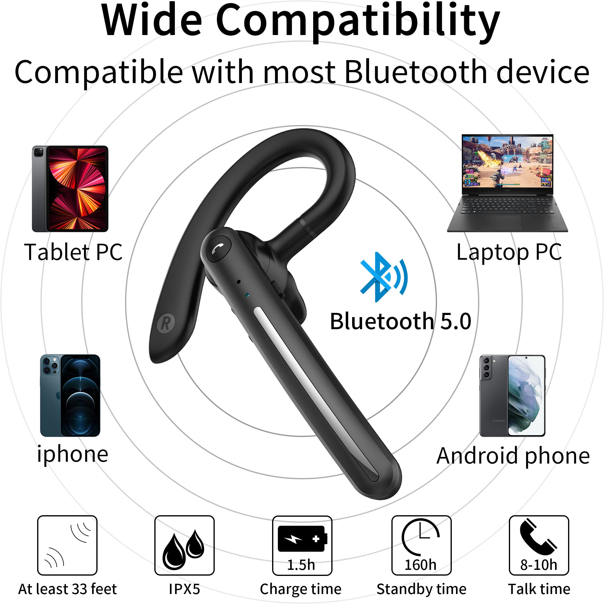 Morebili Bluetooth Headset, Wireless Headphone Business earpiece V5.0 Hands-Free Earphones with Built-in Mic for Driving/Business/Office, Compatible with iPhone and Android (F910-Black)