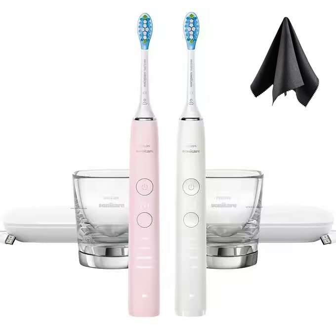 PHILIPS Sonicare DiamondClean Connected Rechargeable Toothbrush, Complete Oral Care 2-Pack, W/ Silmarils Wipes Cloth (Pink-White)