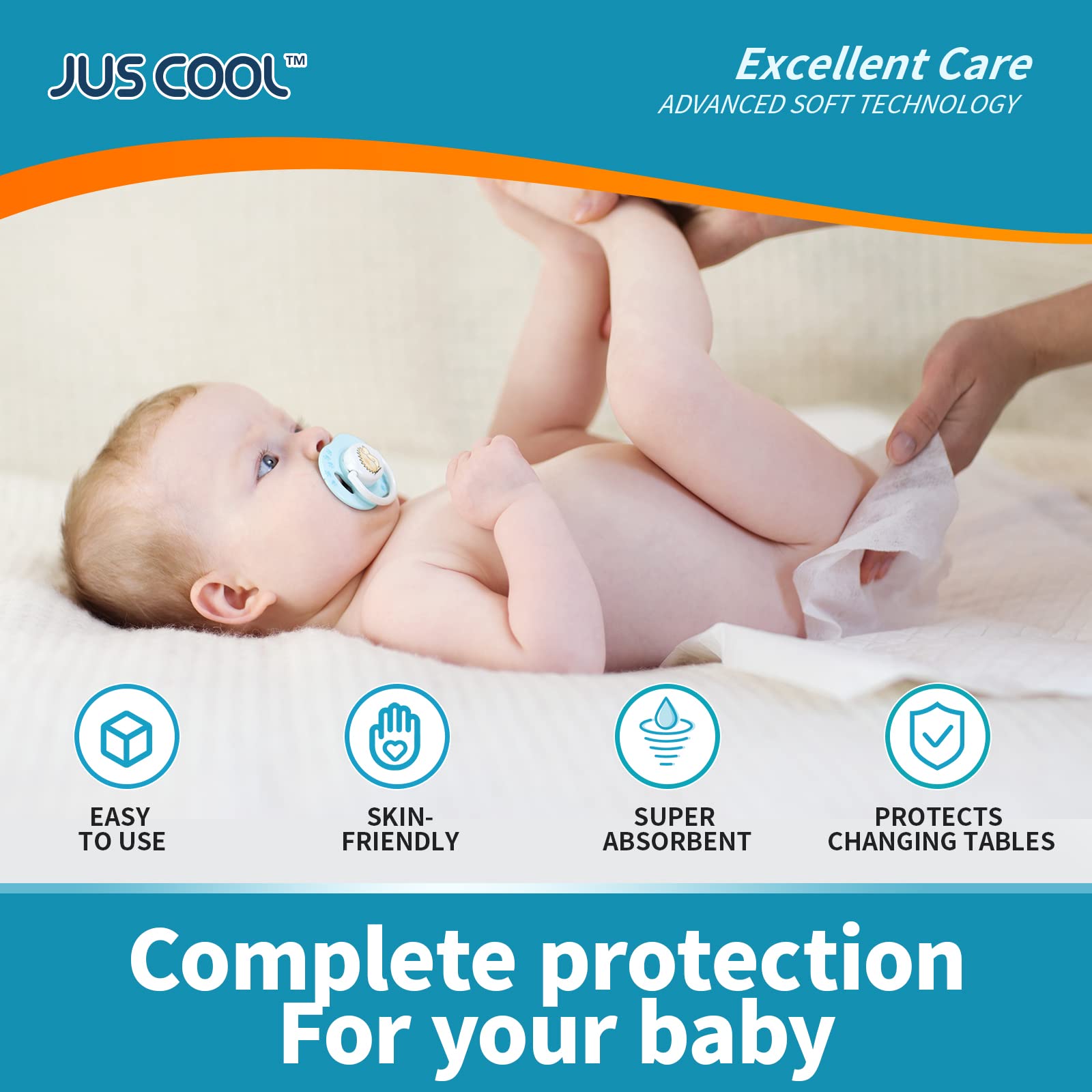 JUS COOL Baby Disposable Changing Pads, 13βx 18β(200+1 Count) Underpads Portable Diaper Changing Pads, Soft Bed Pads Ultra Absorbent and Waterproof