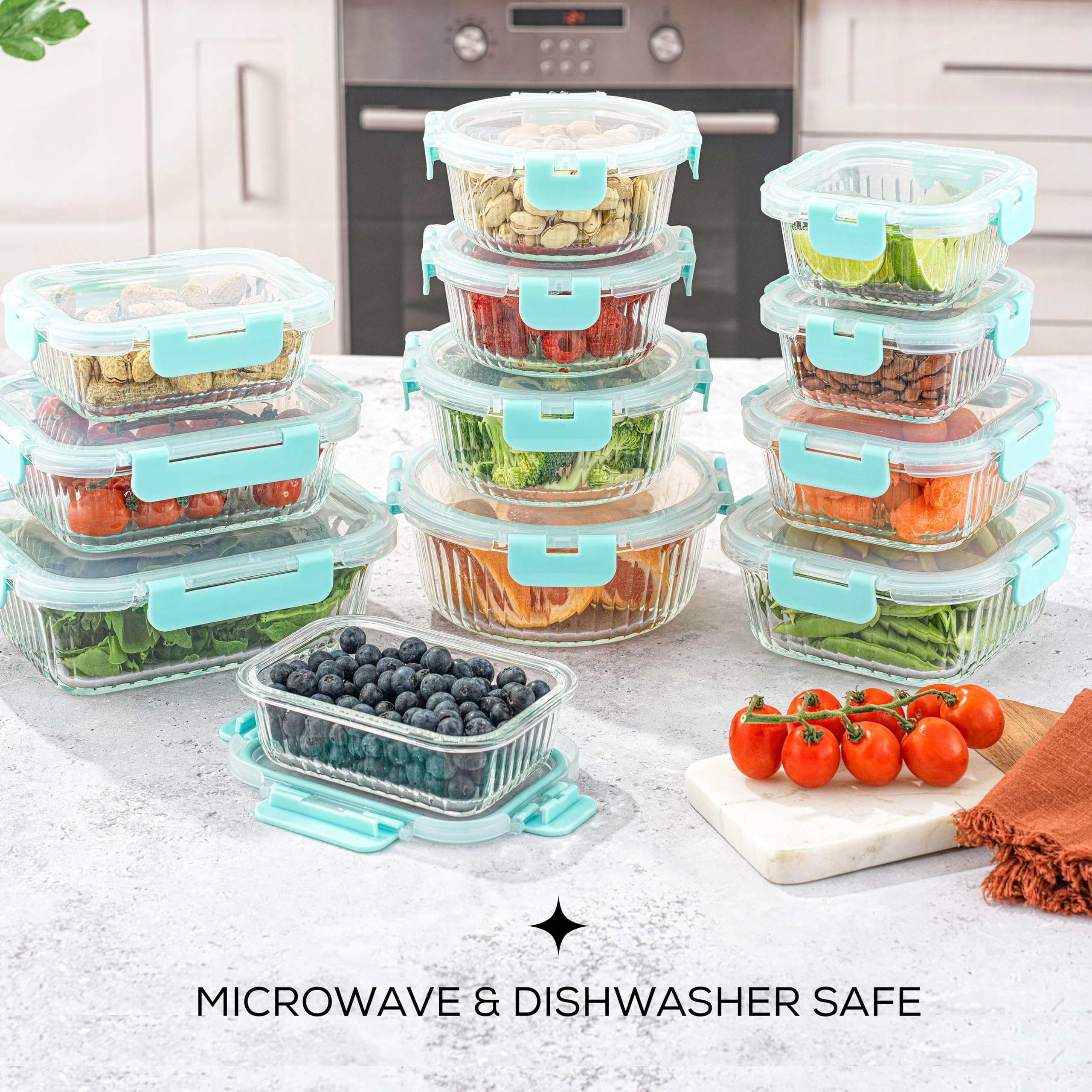 JoyJolt 24pc Fluted Glass Storage Containers with Lids. 12 Airtight, Freezer Safe Food Storage Containers, Pantry Kitchen Storage Containers, Glass Meal Prep Containers for Lunch