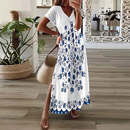 Leather Women Spring Summer Dresses Loose Casual Dress Floral Ink Print Slit Short Sleeve Long Elegant Flowy White