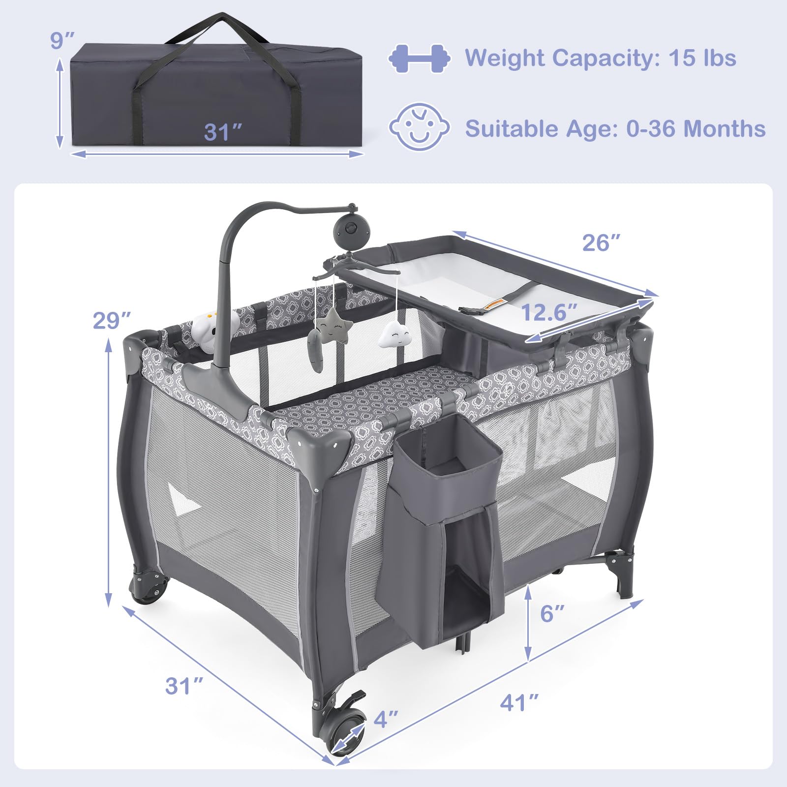 INFANS 3 in 1 Pack and Play, Portable Travel Baby Crib Bassinet with Detachable Mattress, Newborn Changing Table, Foldable Playpen with Carry Bag and 2 Wheels (Classic)
