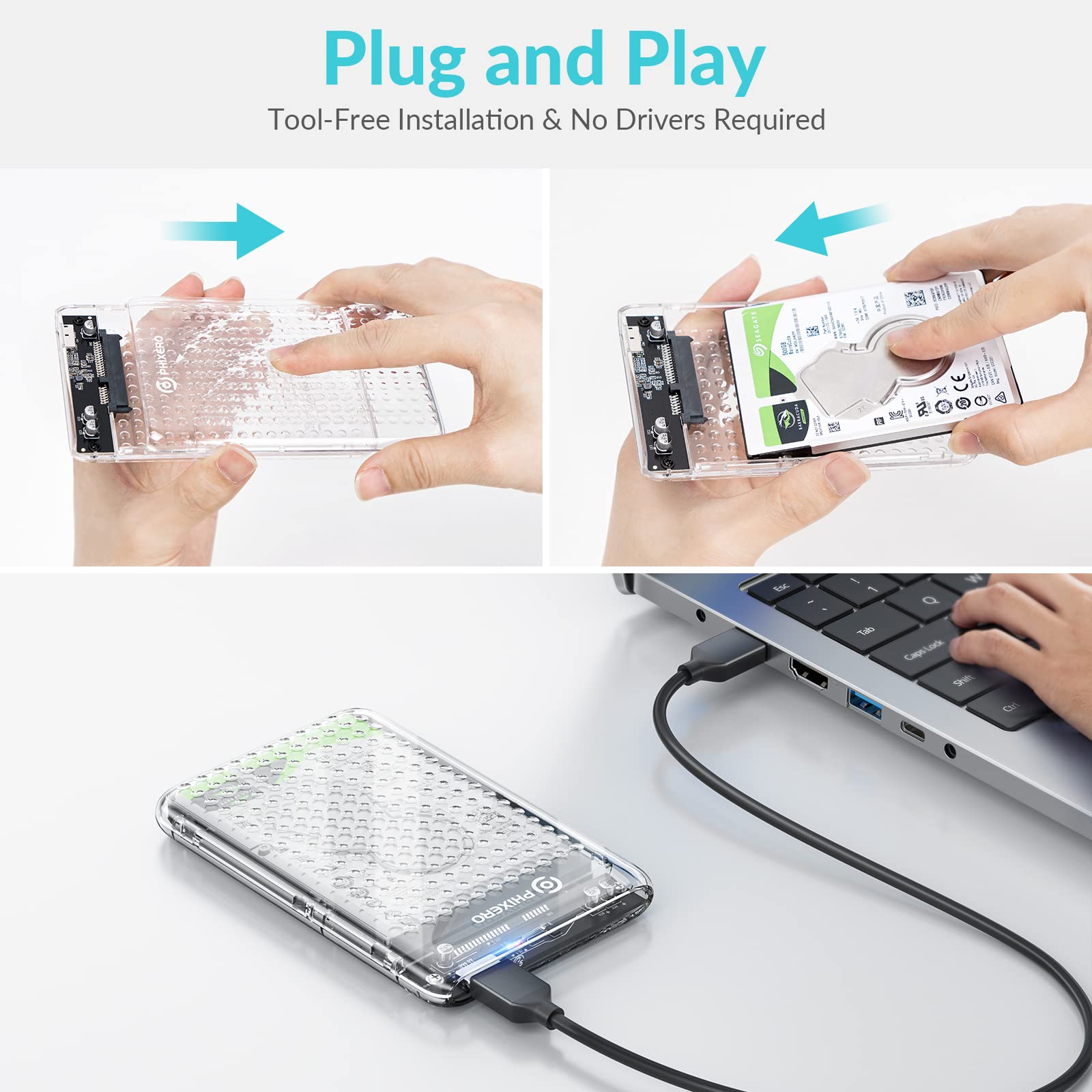 PHIXERO 2.5" Hard Drive Enclosure, 6Gbps USB 3.1 Gen 1 to SATA III Tool-Free SSD Hard Drive Enclosure for 2.5 inch 7mm/9.5mm SATA HDD & SSD [UASP Supported] Transparent