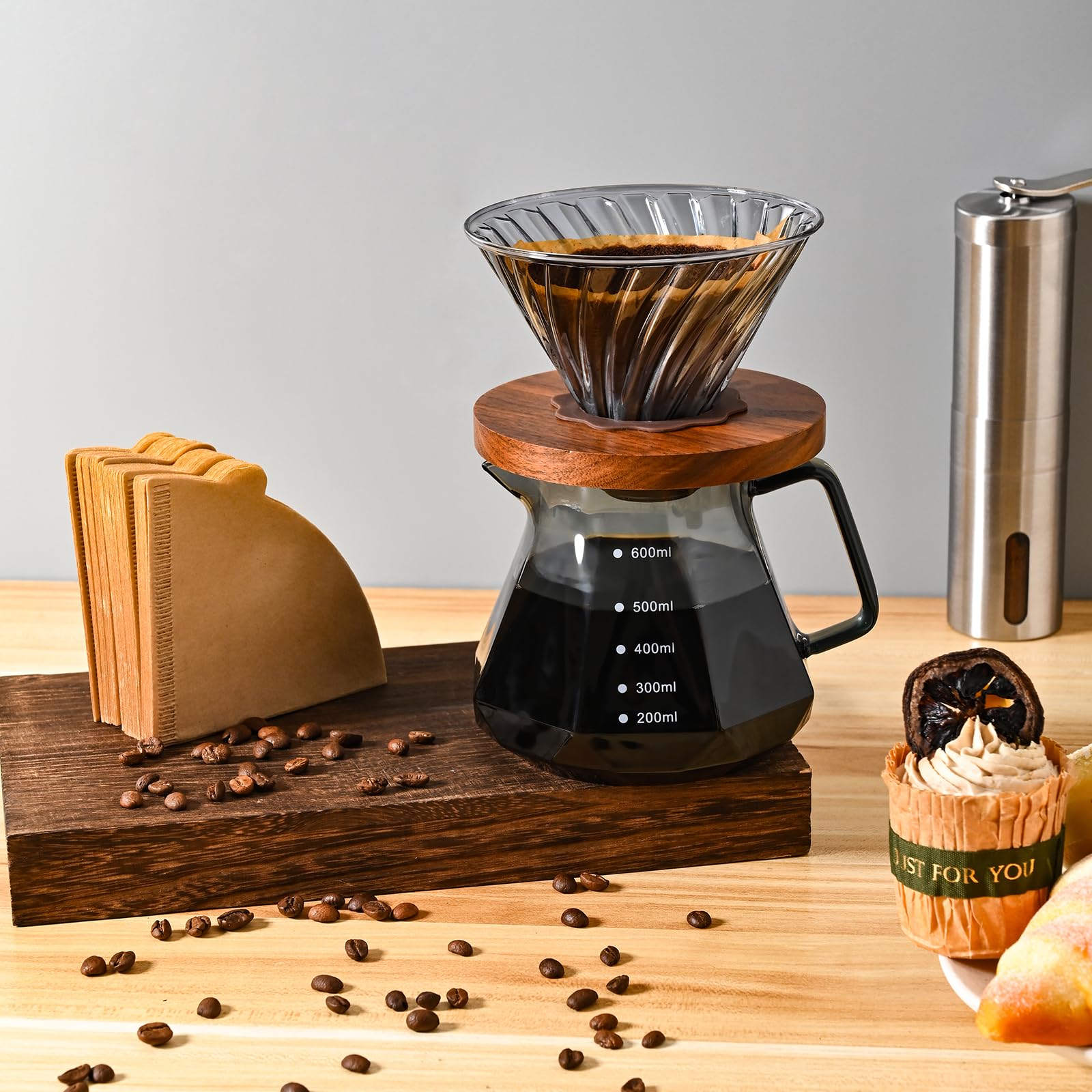 NEWOUGER Pour Over Coffee Maker With Paper Filter 100 Sheets,Gray 20 Oz Pour Over Coffee Dripper Set Borosilicate Glass Coffee Carafe,For Home,Camping, Hiking (Gray)…